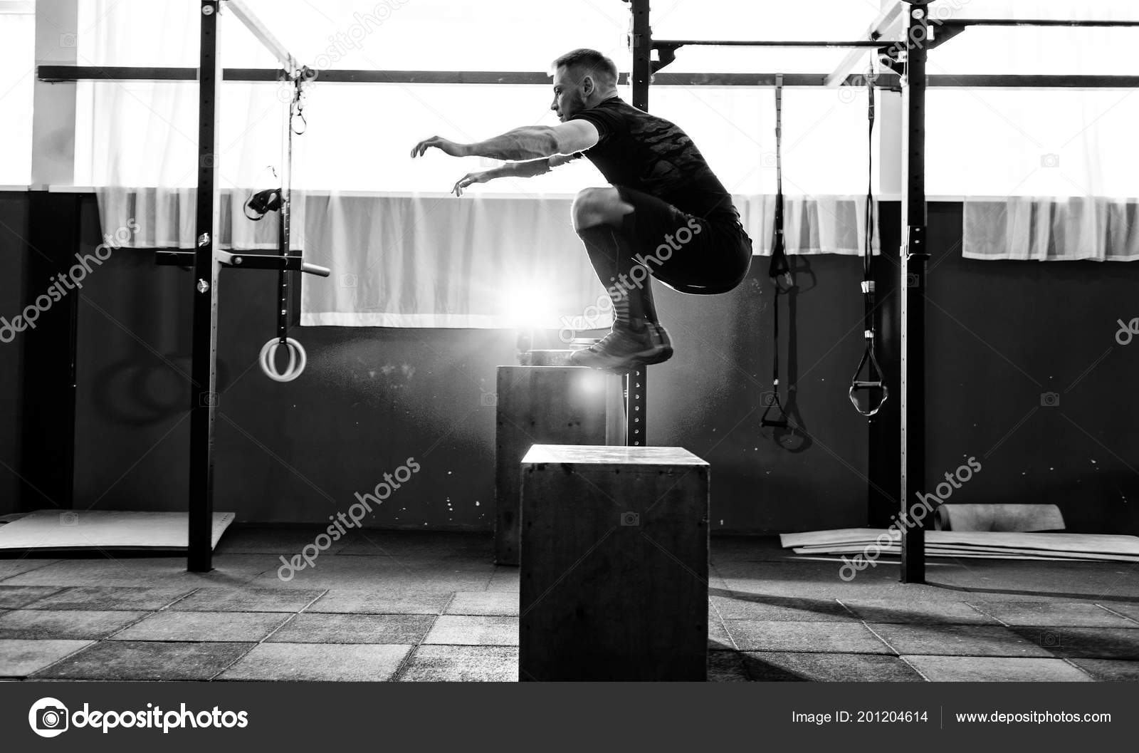 Fit Young Man Jumping Box Part Exercise Routine Man Doing Stock Photo ...