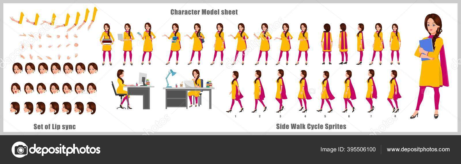 Indian Girl Student Character Design Model Sheet Walk Cycle Animation ... Indian Girl Student Character Design Model Sheet Walk Cycle Animation ...