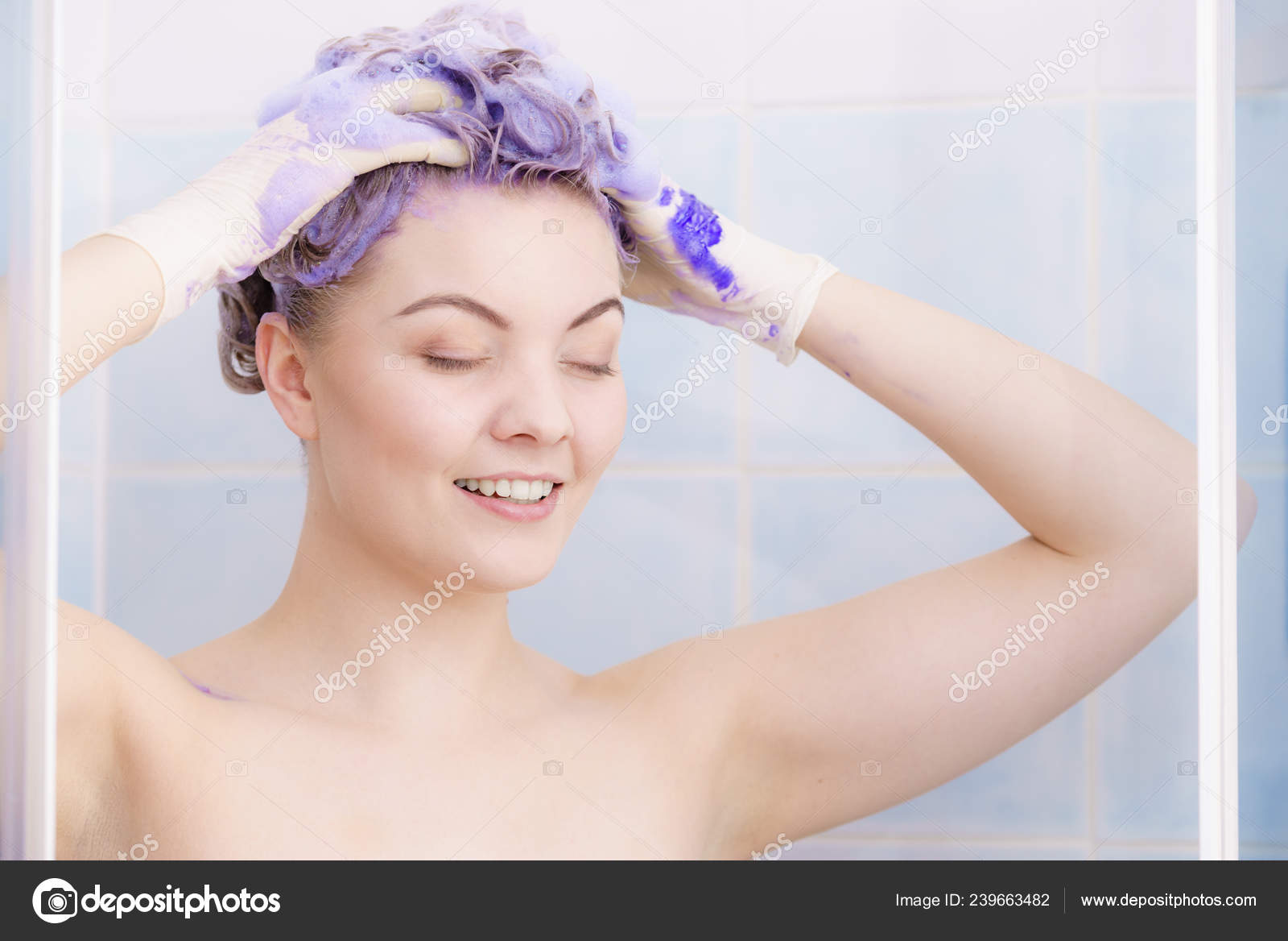 Woman Applying Coloring Shampoo Her Hair Female Having Purple Washing ...