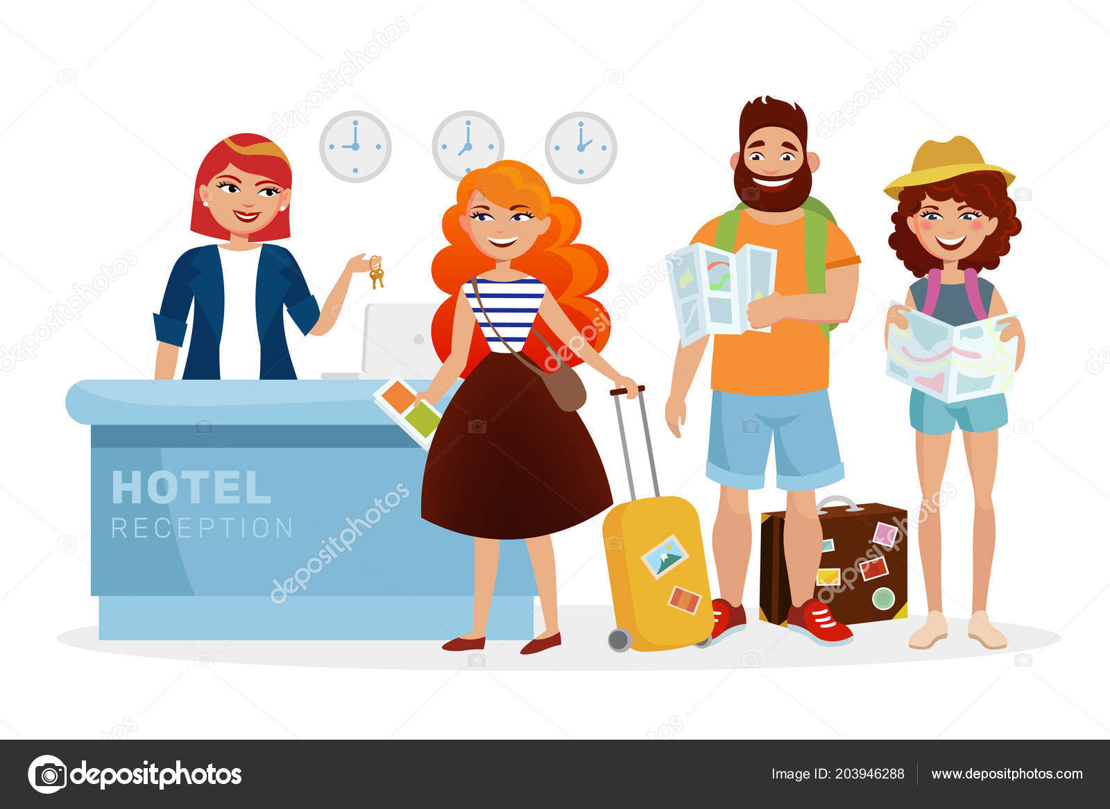 Check-in hotel reception desk modern illustration with cartoon people ...