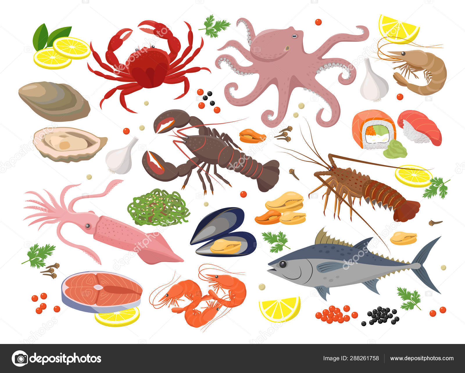 Seafood big collection of vector illustrations in flat design isolated ...