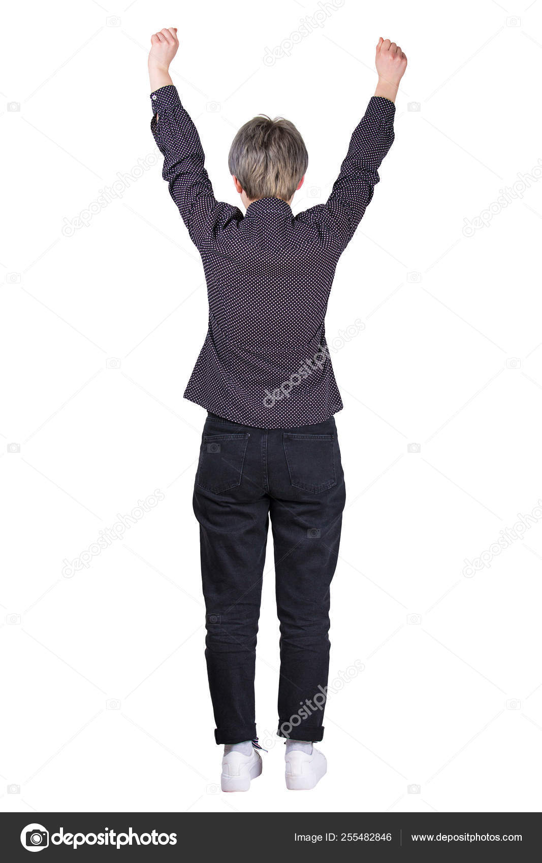 Rear view woman rasing hands Stock Photo by ©1StunningArt 255482846