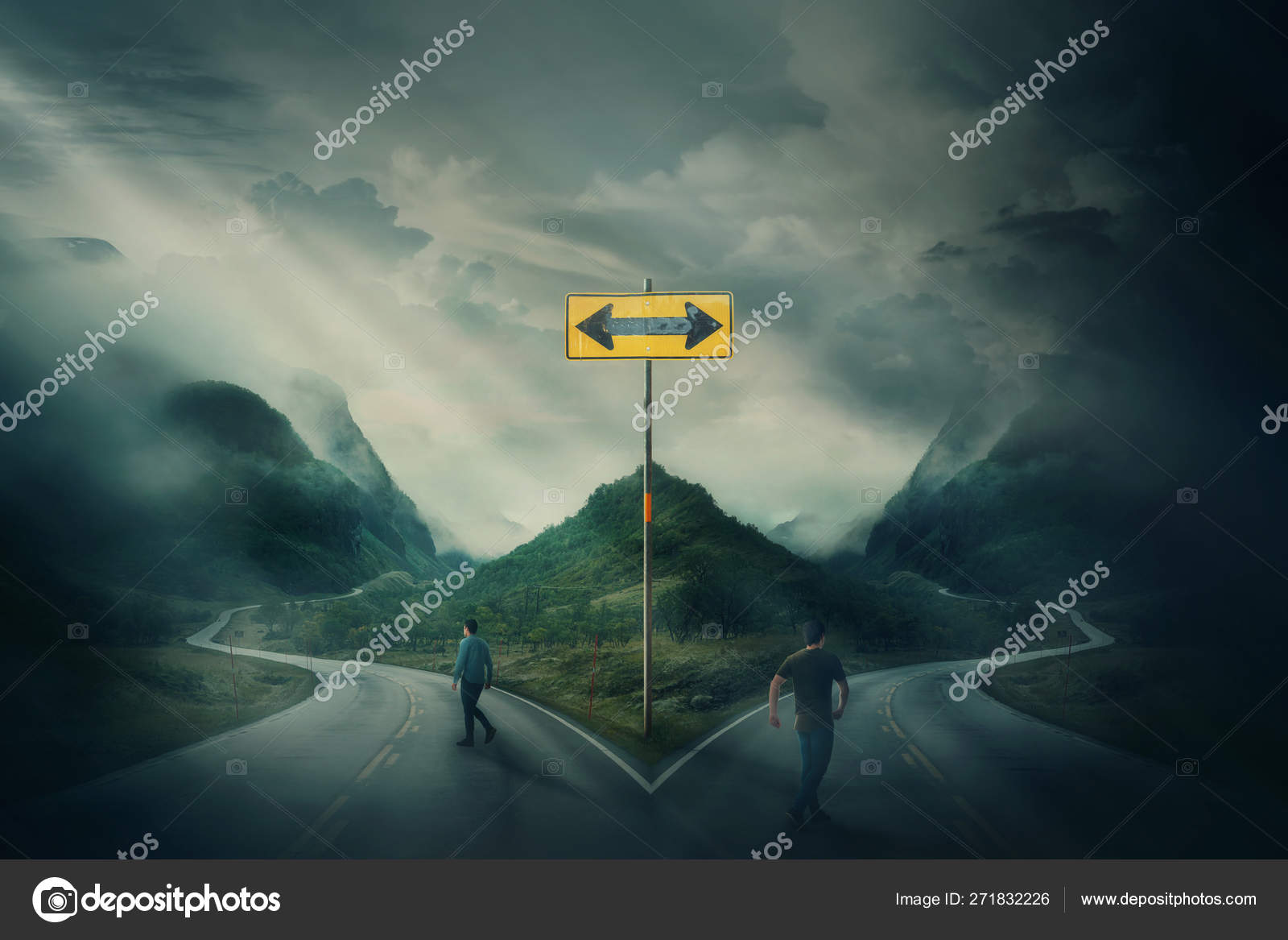 Two men going different roads as crossroad fork junction split i Stock ...