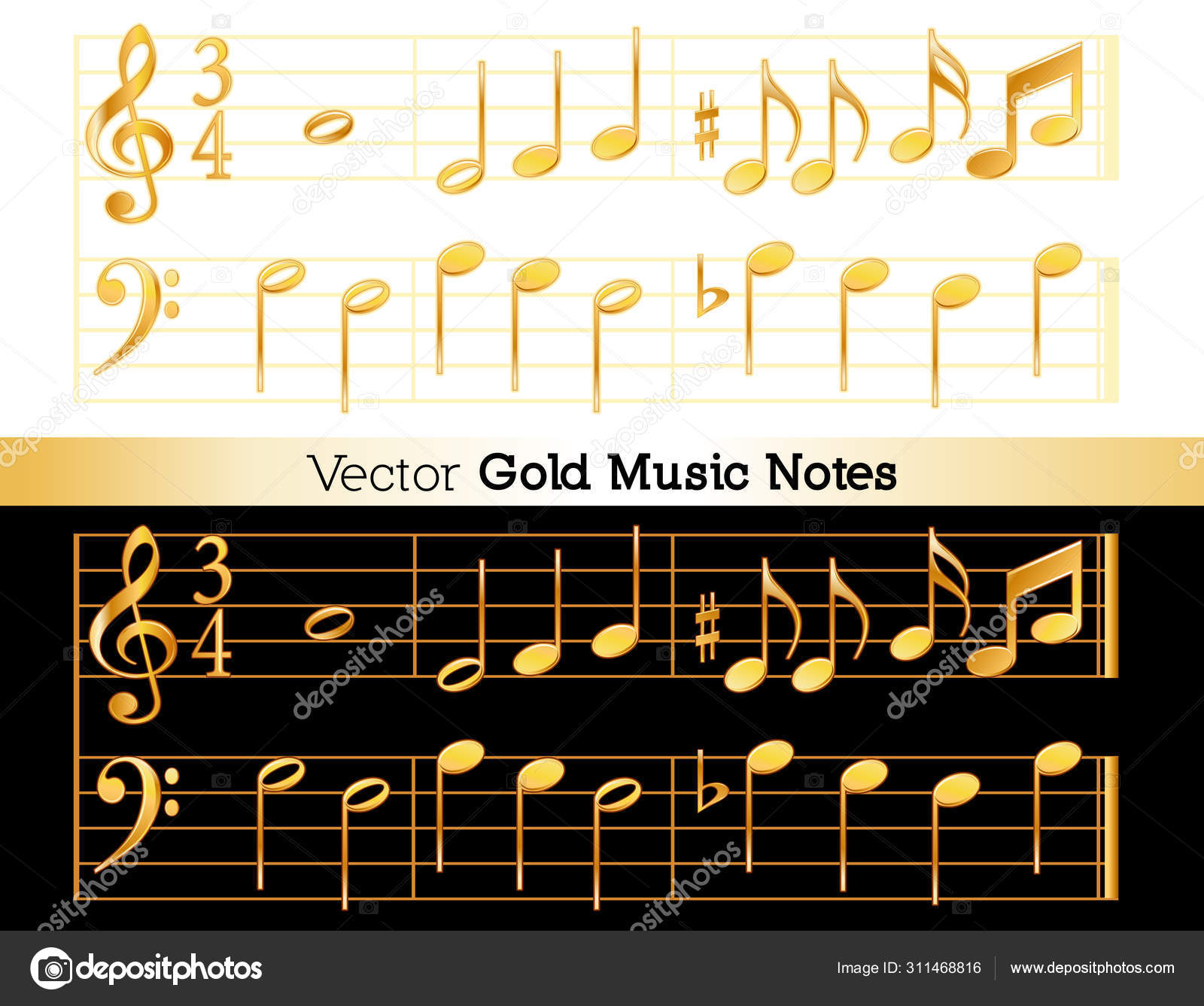 Music Notes Golden Musical Notes Detailed Shading Isolated White Black ...