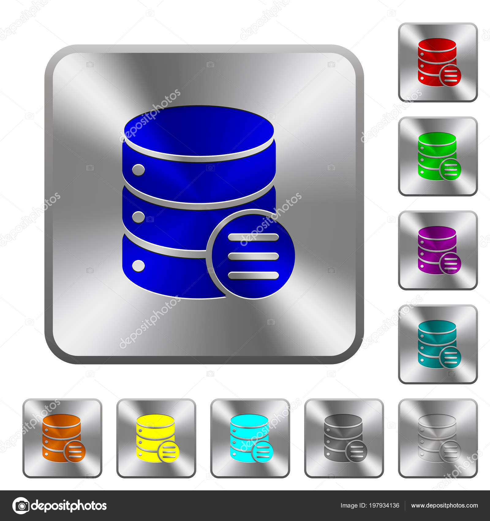Database Options Engraved Icons Rounded Square Glossy Steel Buttons ...