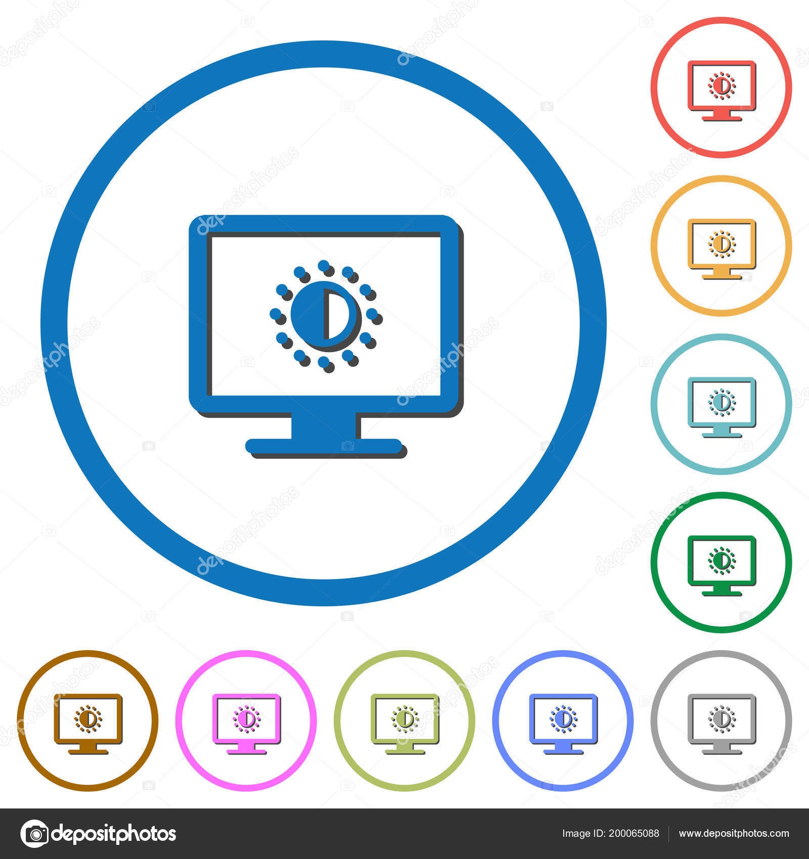 Adjust Screen Saturation Flat Color Vector Icons Shadows Outlines White ...