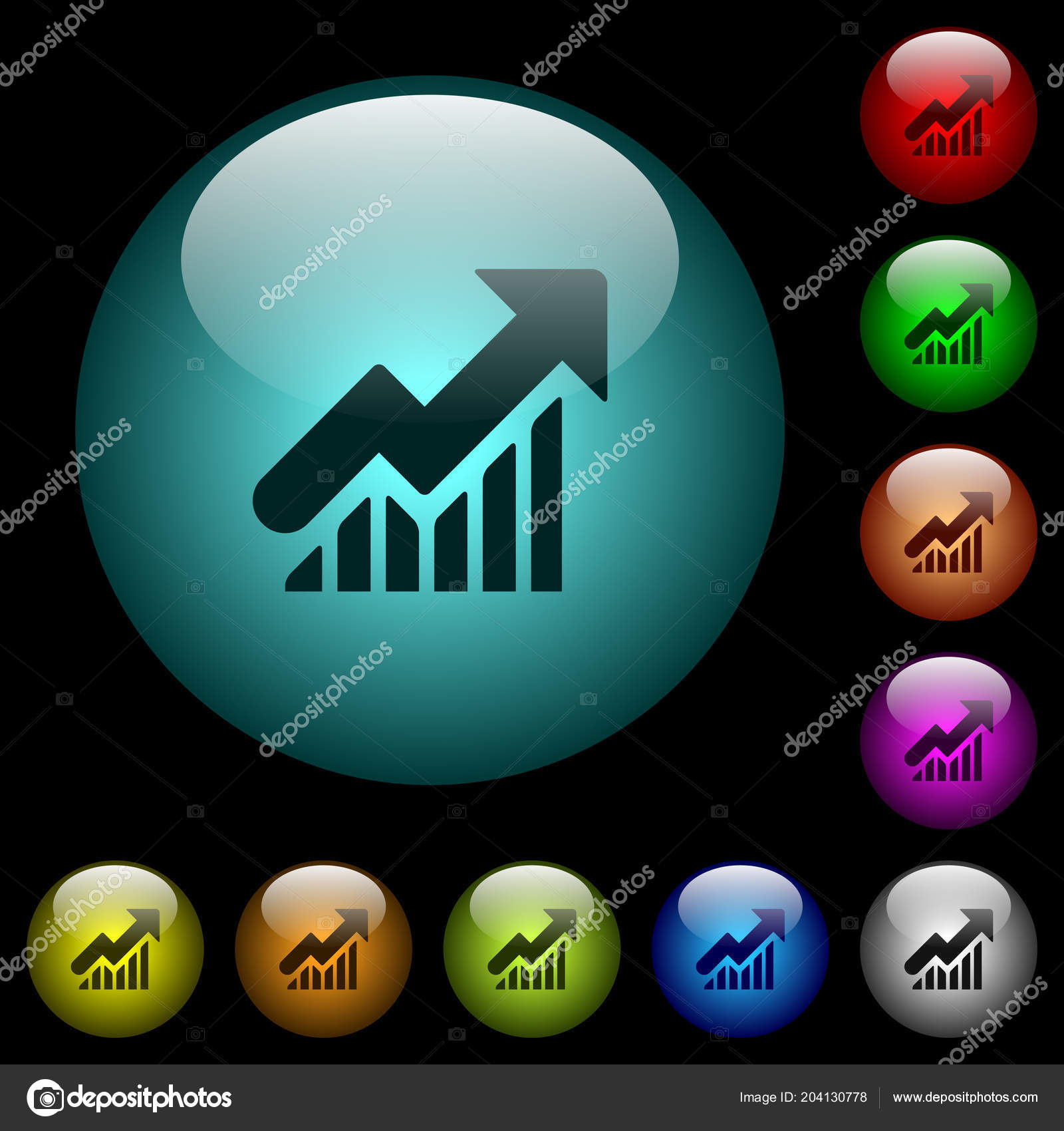 Rising Graph Icons Color Illuminated Spherical Glass Buttons Black ...
