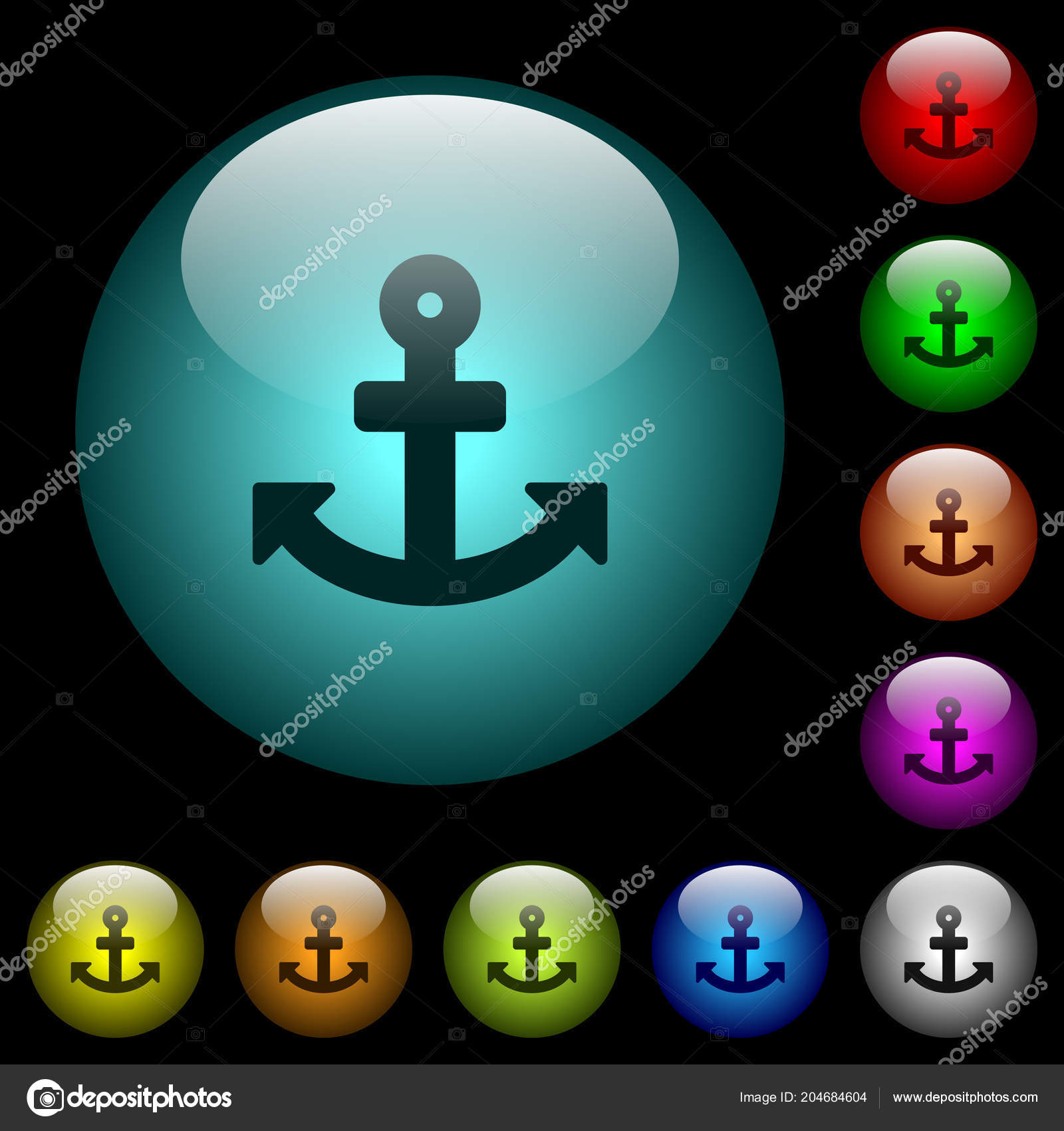 Anchor Icons Color Illuminated Spherical Glass Buttons Black Background Can Stock Vector Image ...