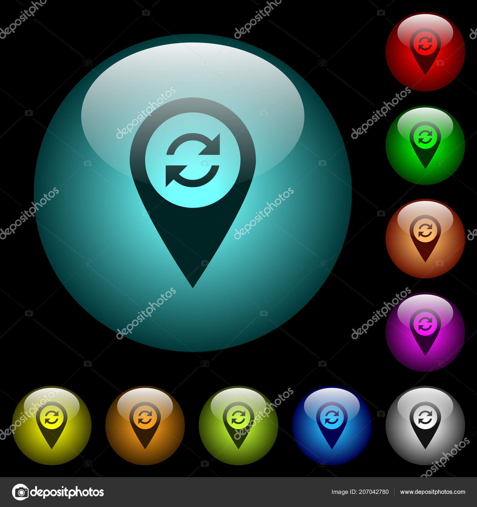 Syncronize Gps Map Location Icons Color Illuminated Spherical Glass Buttons Stock Vector by ...