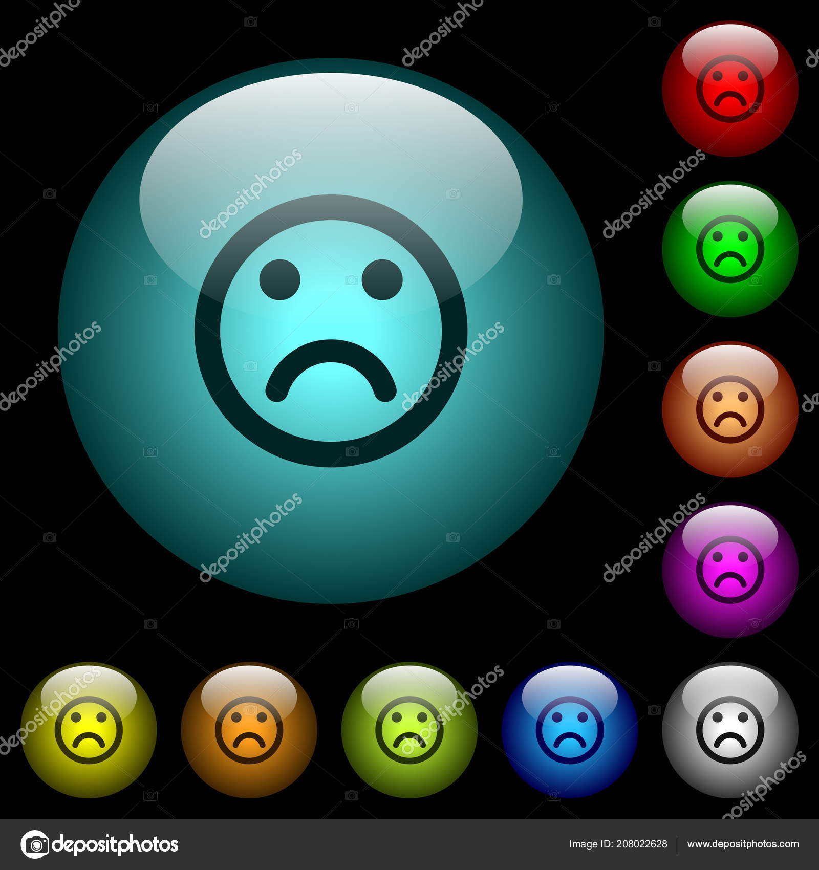 Emoticones Tristes Iconos Color Iluminado Botones Vidrio Esférico Sobre ...