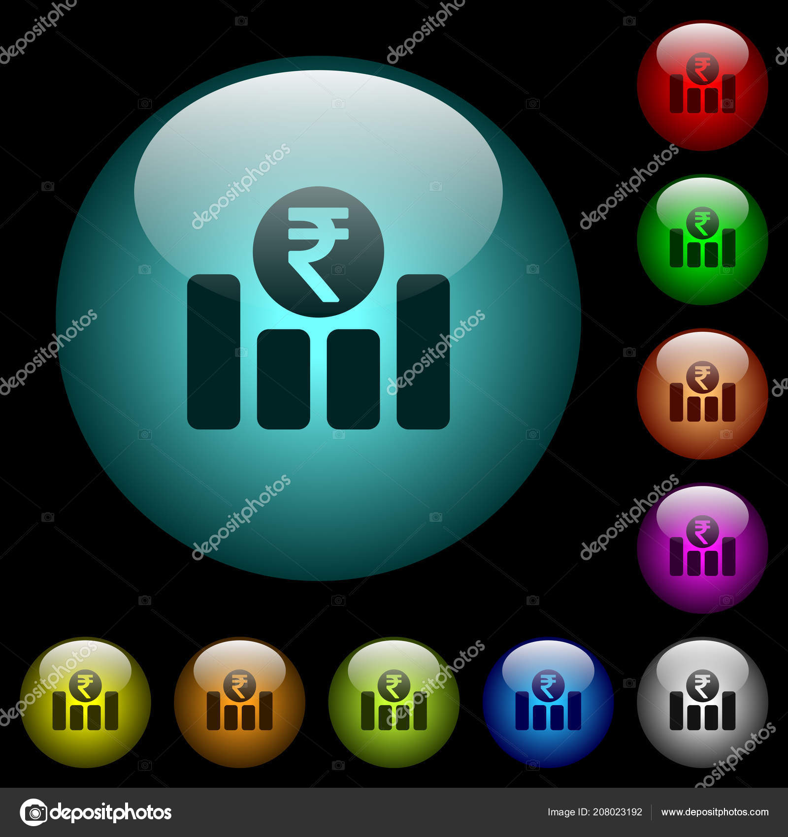 Indian Rupee Financial Graph Icons Color Illuminated Spherical Glass ...