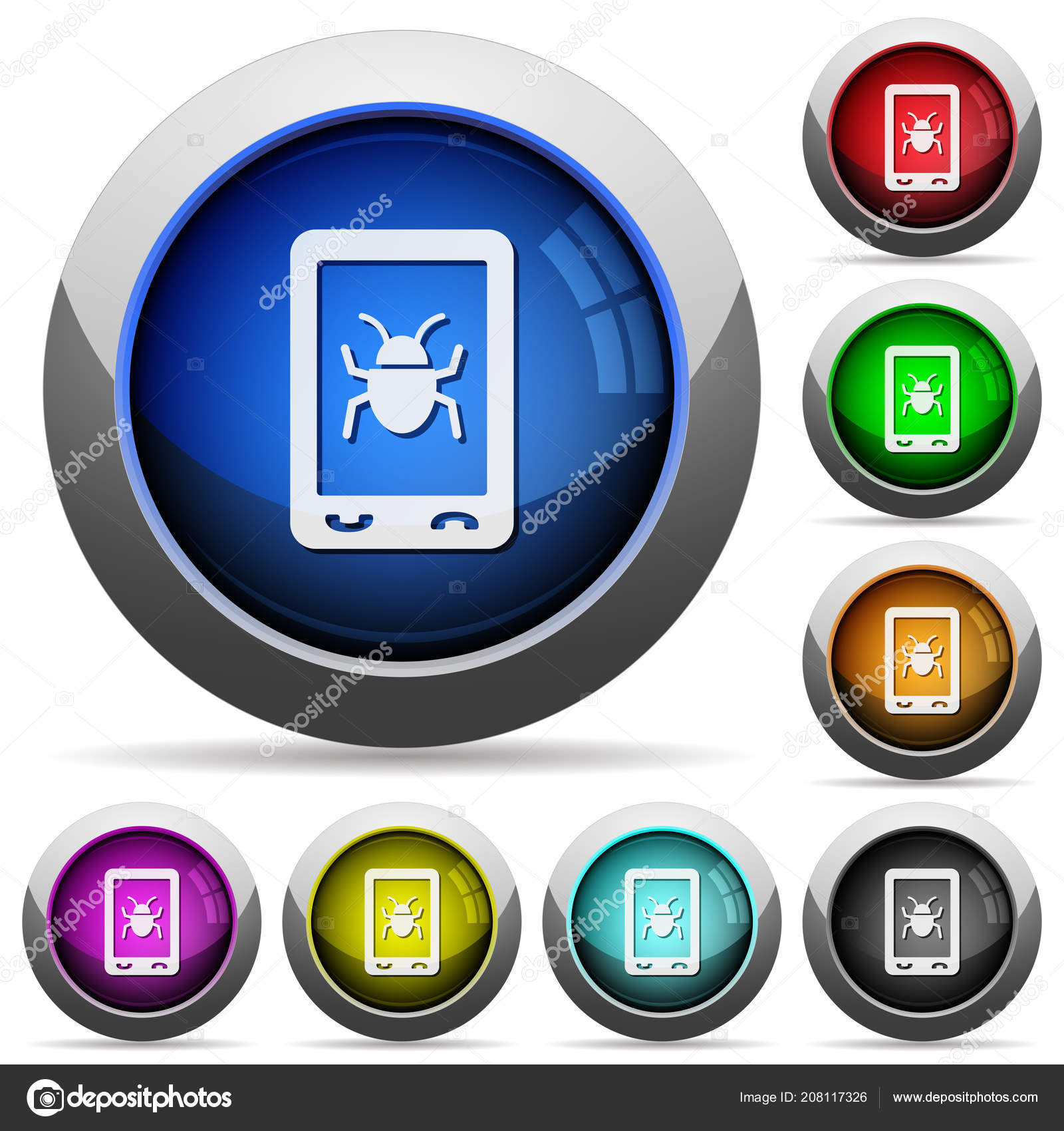 Malicious Mobile Software Icons Glossy Buttons Steel Frames Stock ...