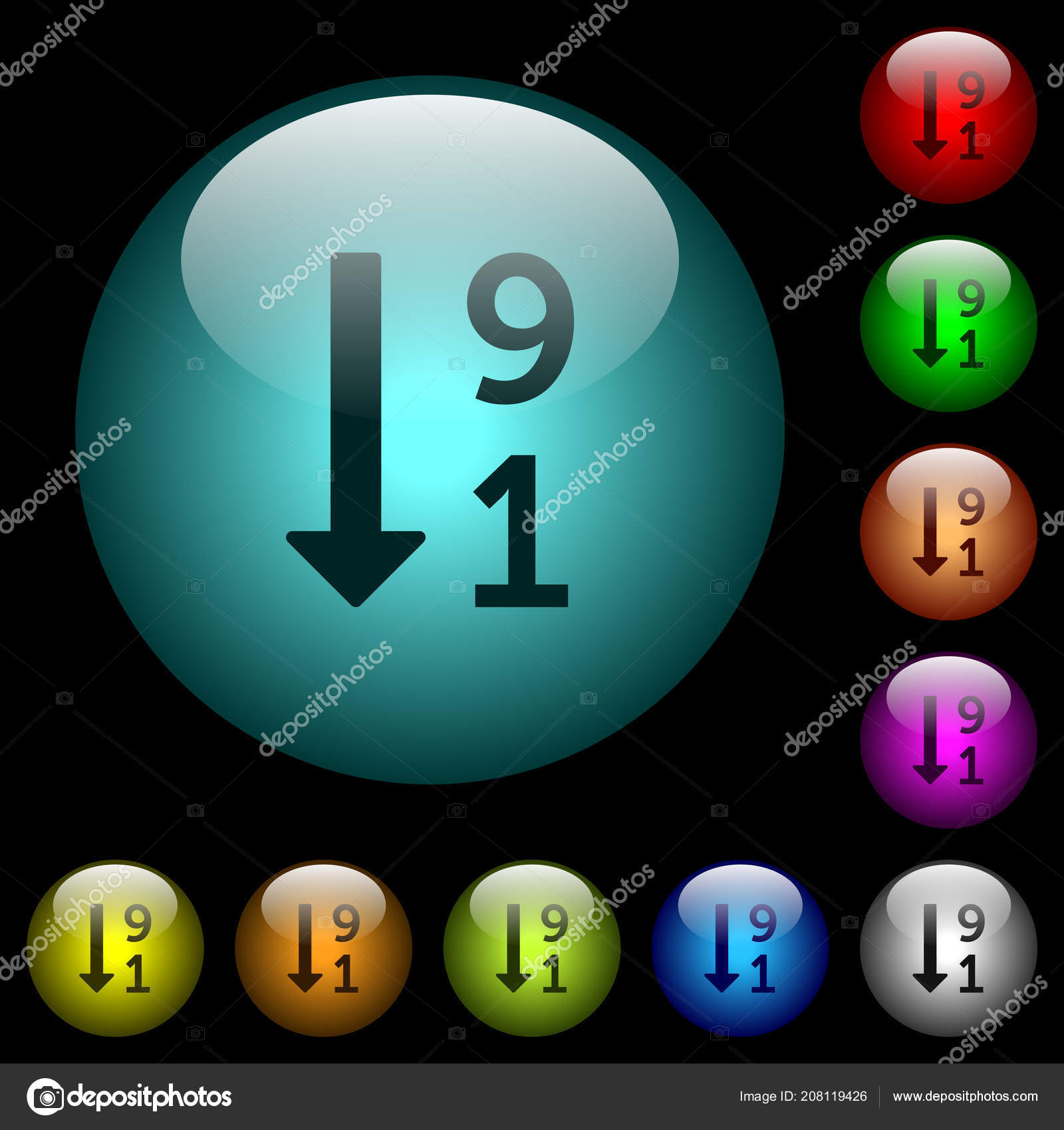 Descending Numbered List Icons Color Illuminated Spherical Glass ...