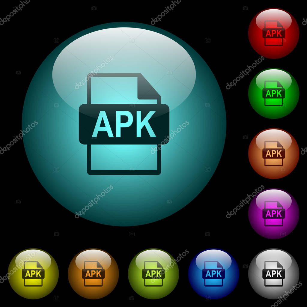 Iconos de formato de archivo APK en color iluminado botones de vidrio ... Iconos de formato de archivo APK en color iluminado botones de vidrio ...