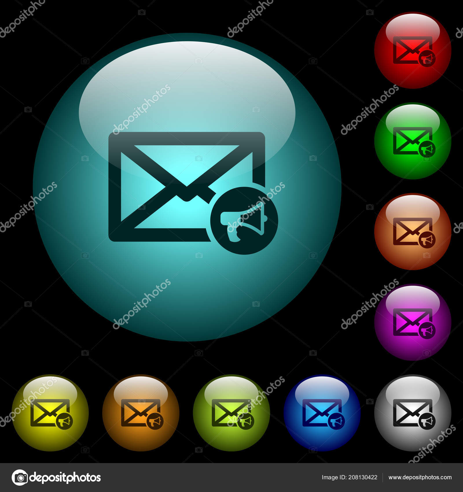 Mail Reading Aloud Icons Color Illuminated Spherical Glass Buttons ...