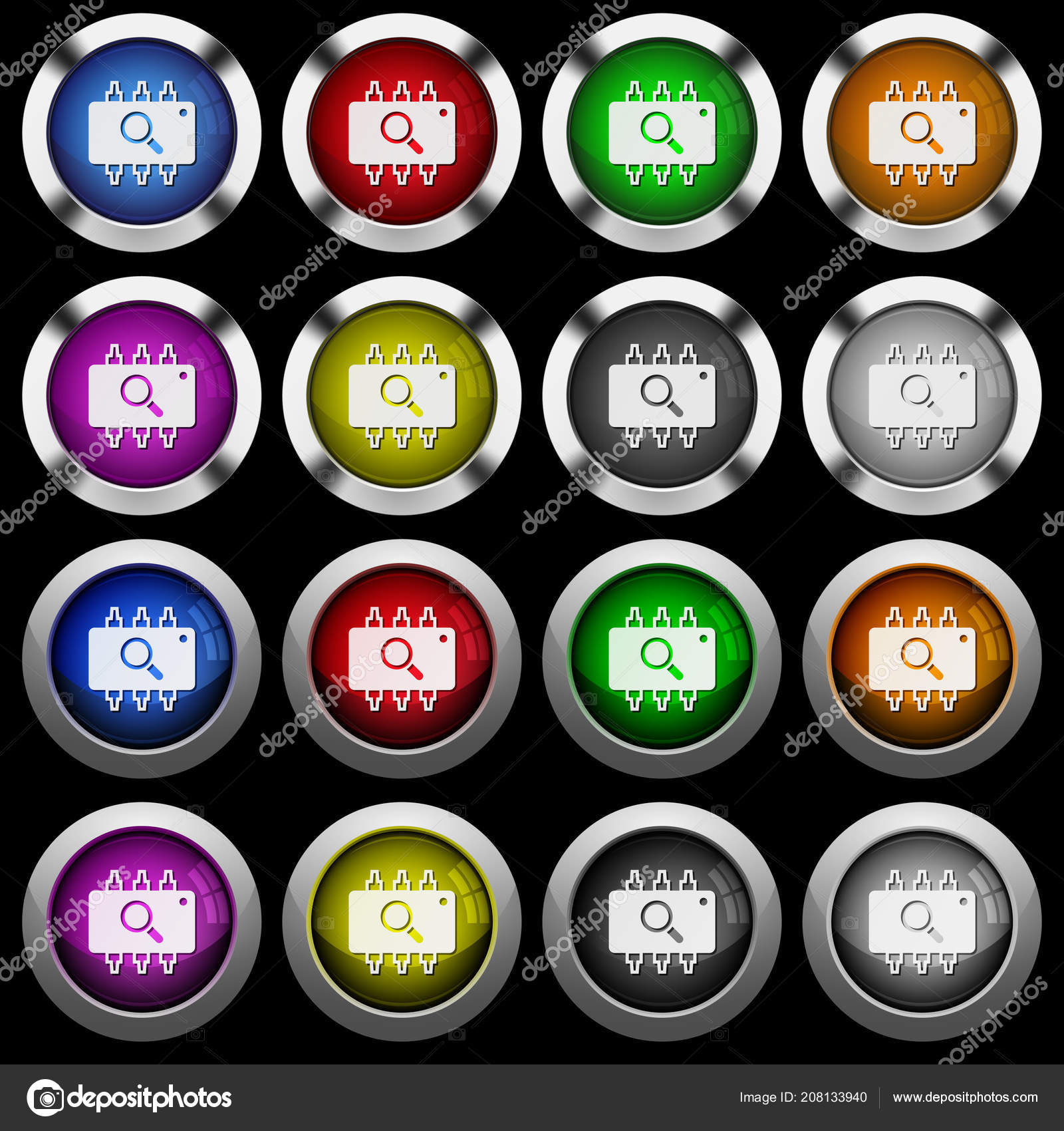 Hardware Test White Icons Glossy Buttons Steel Frames Black Background ...