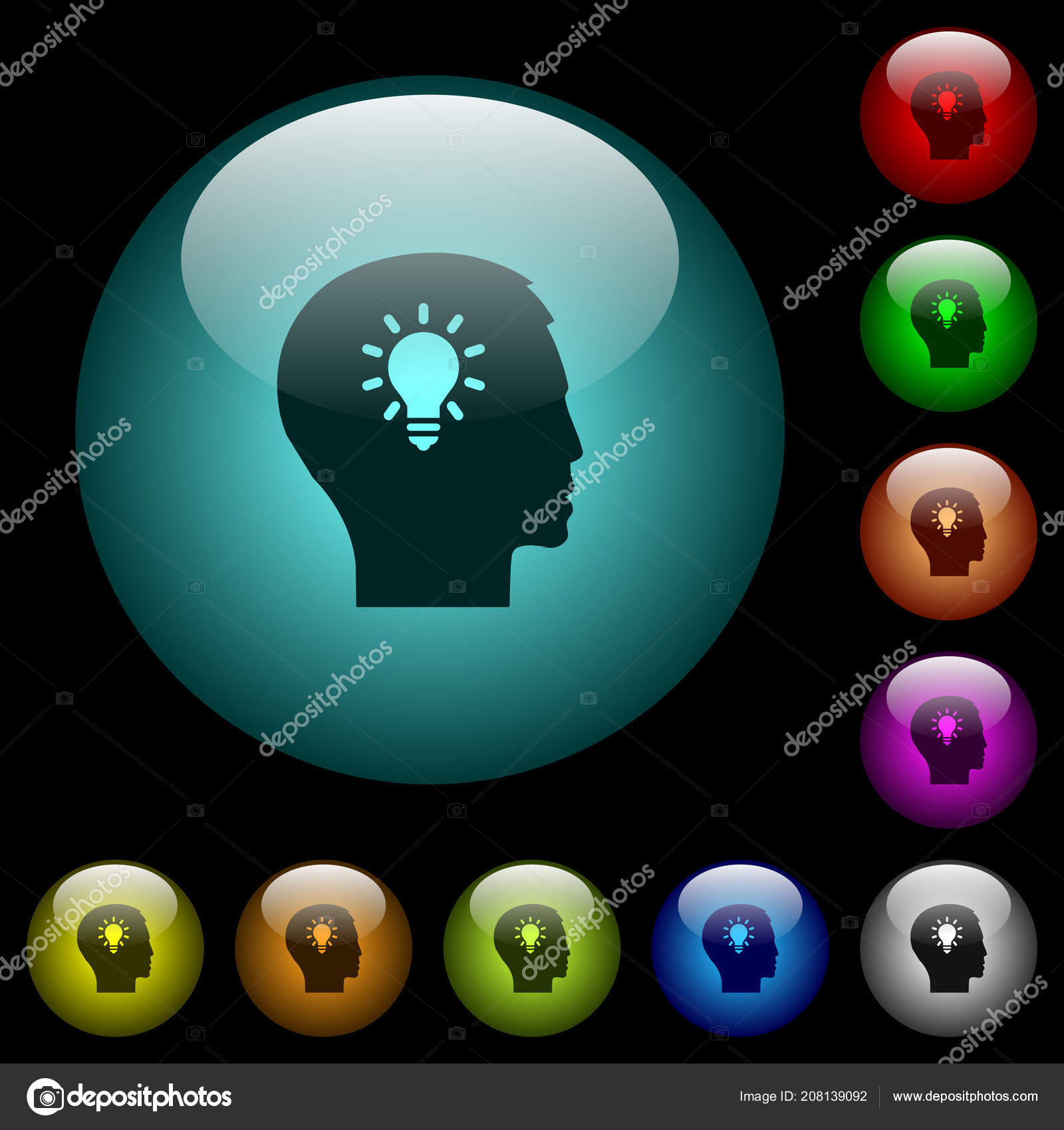 Idea Icons Color Illuminated Spherical Glass Buttons Black Background ...