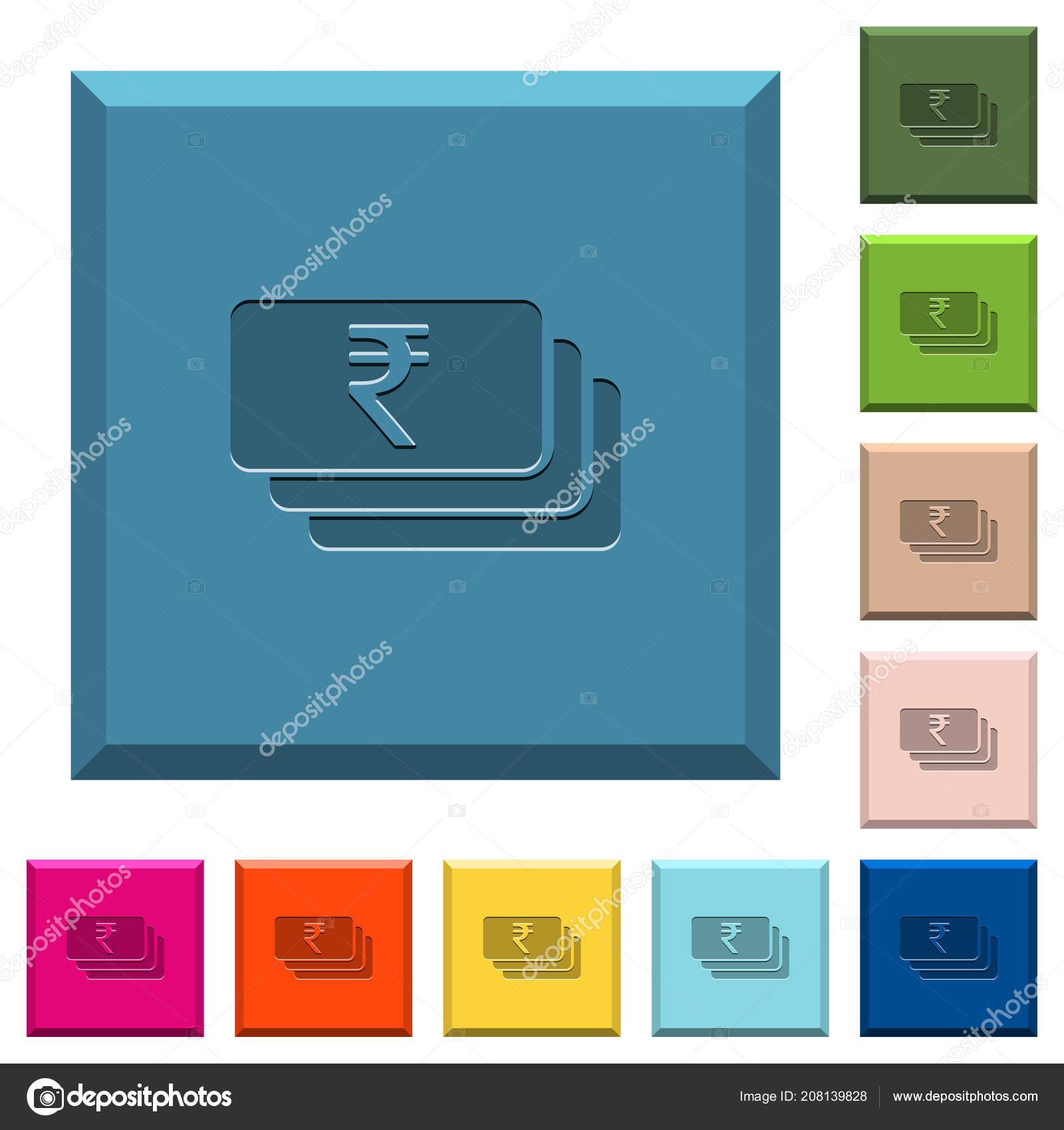 Indian Rupee Banknotes Engraved Icons Edged Square Buttons Various ...