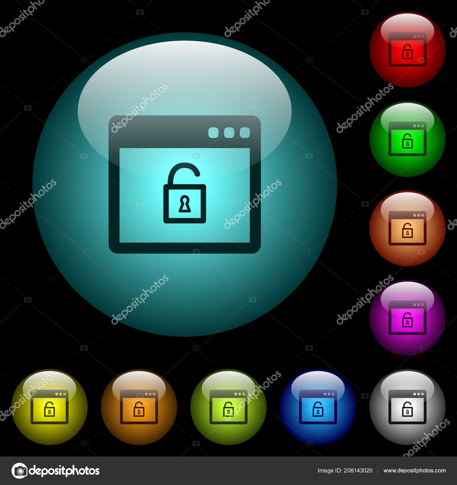 Unlock Application Icons Color Illuminated Spherical Glass Buttons ...