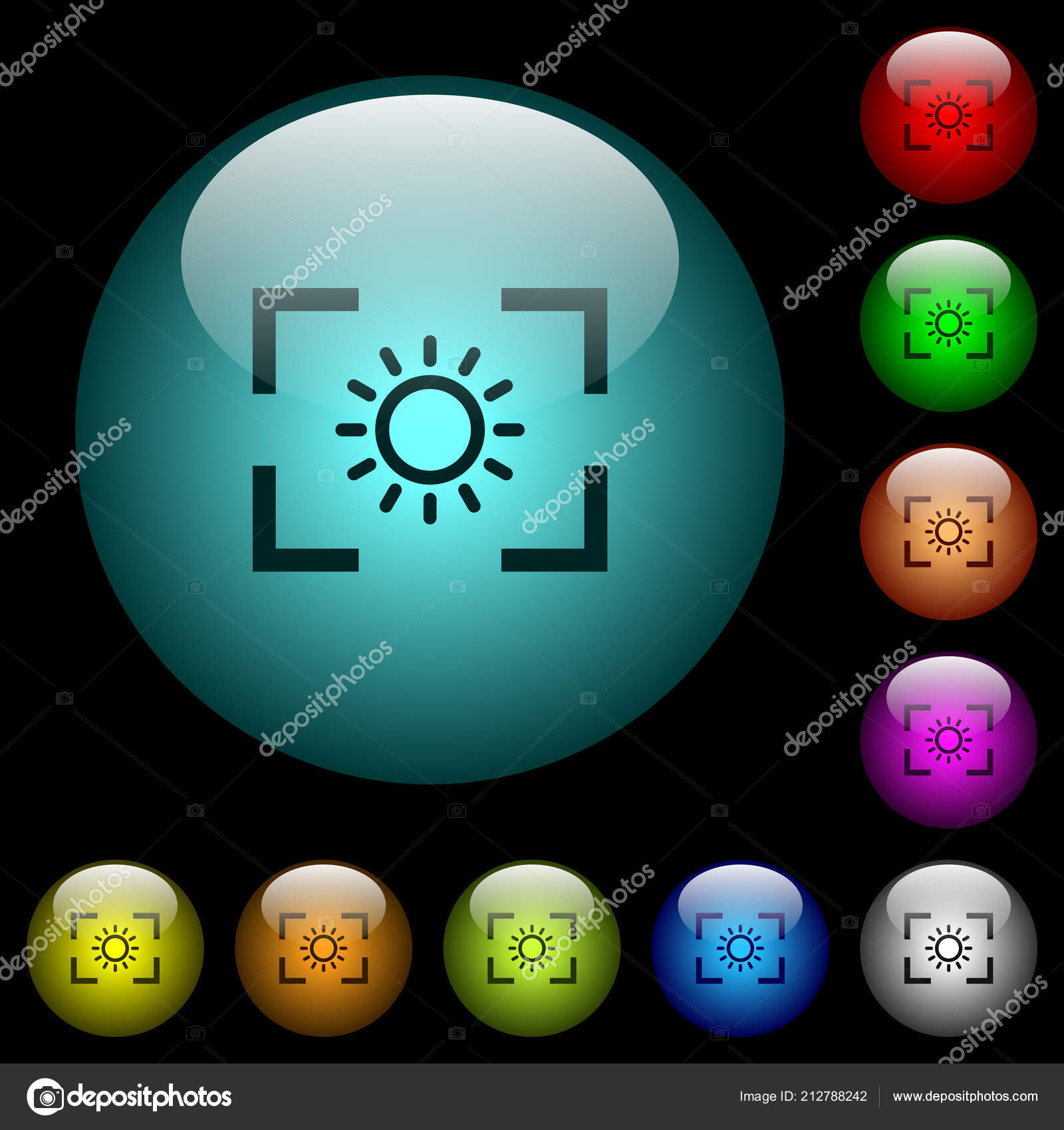 Camera Brightness Setting Icons Color Illuminated Spherical Glass Buttons Black Stock Vector ...