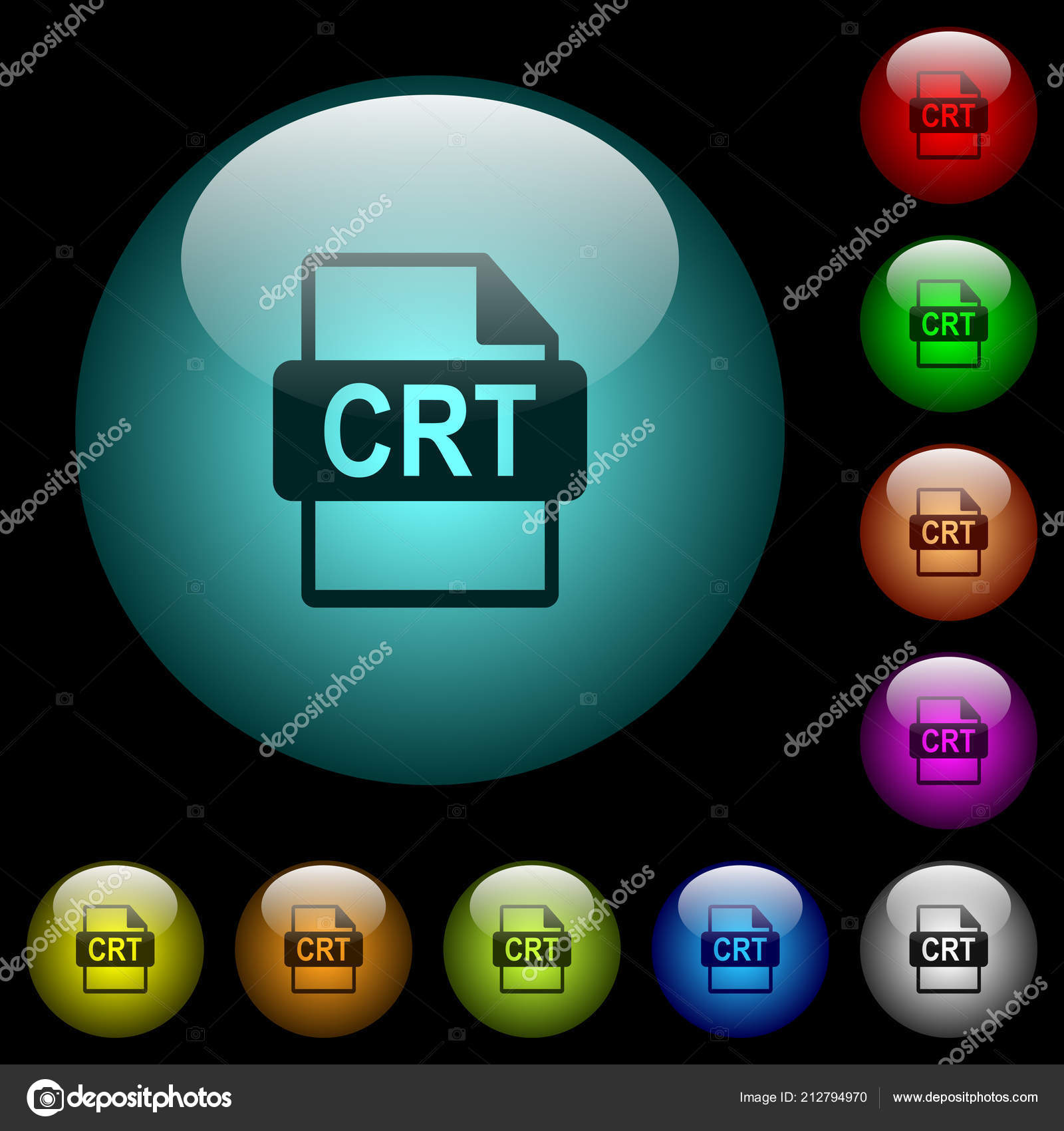 Crt File Format Icons Color Illuminated Spherical Glass Buttons Black ...