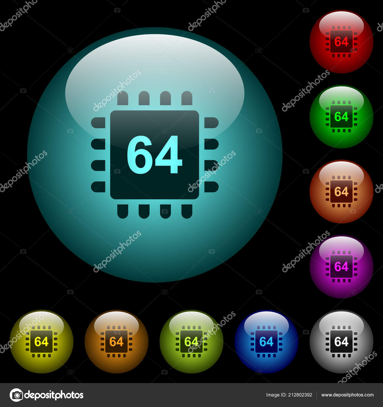 Microprocessor Bit Architecture Icons Color Illuminated Spherical Glass ...