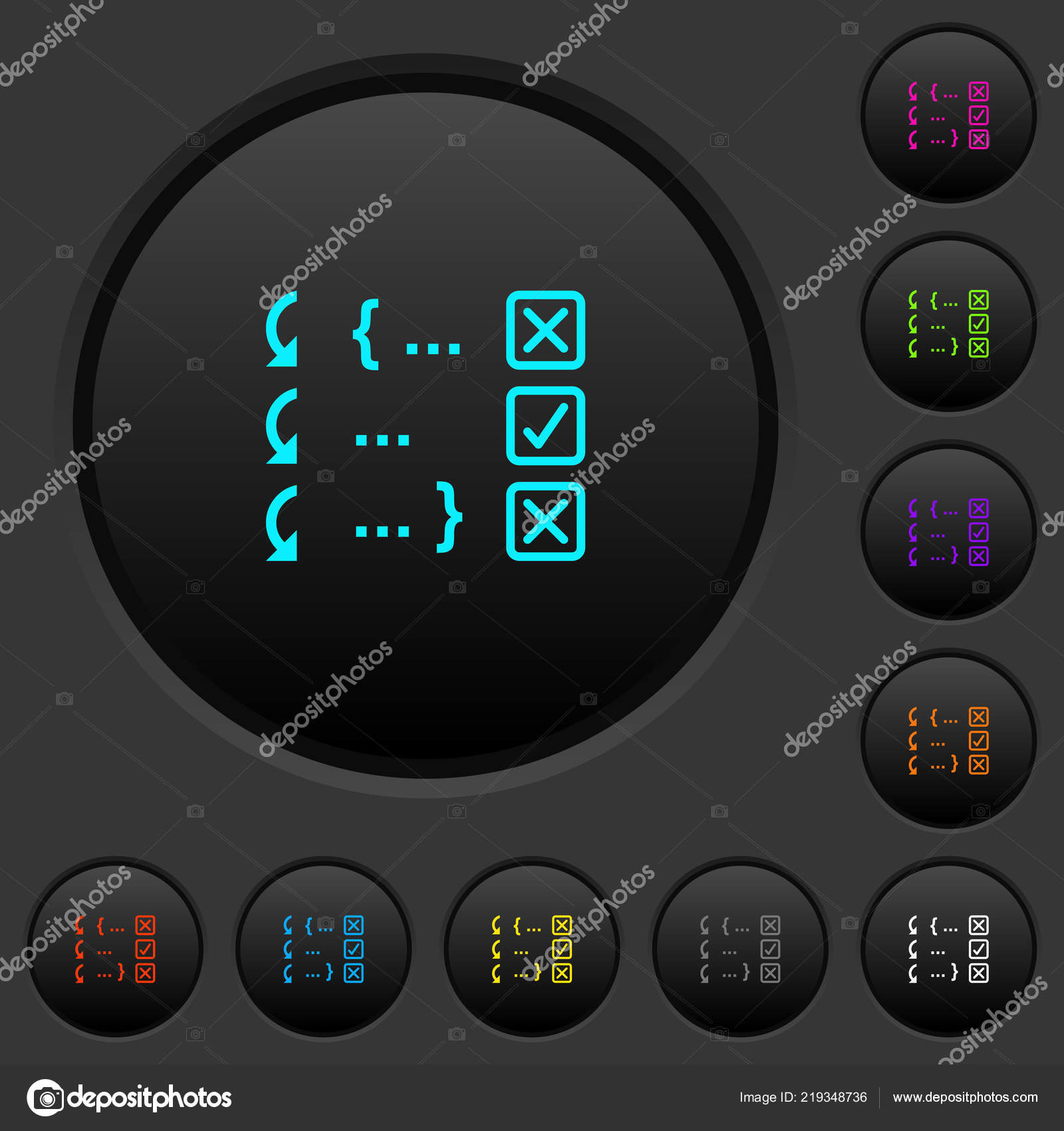 Debugging Program Dark Push Buttons Vivid Color Icons Dark Grey Stock ...