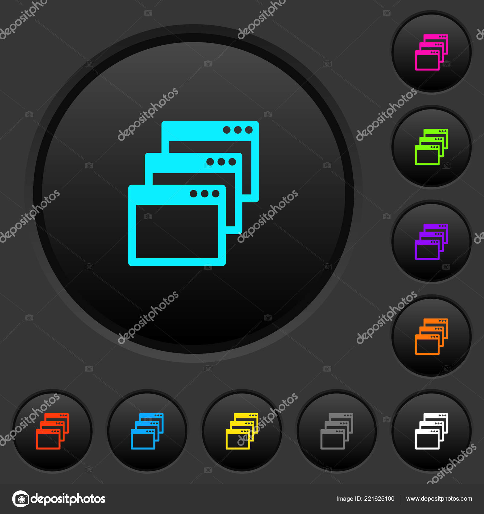 Cascade Window View Mode Dark Push Buttons Vivid Color Icons Stock ...