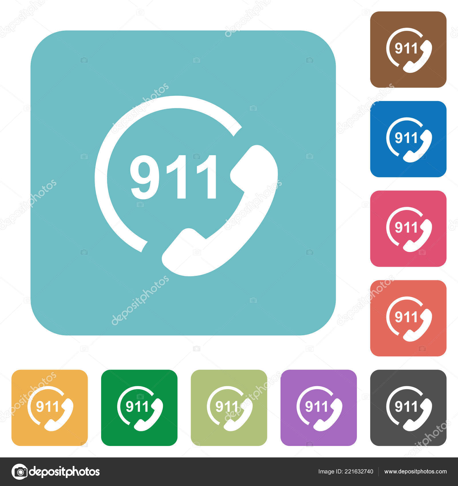 Emergency Call 911 White Flat Icons Color Rounded Square Backgrounds Stock Vector Image by ...