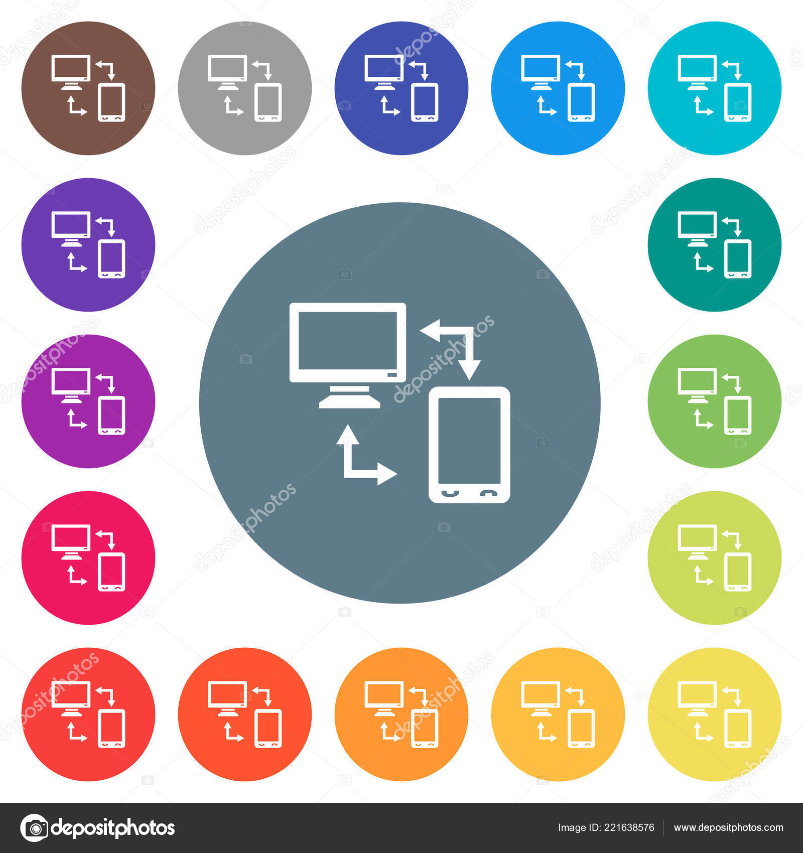 Sincronice Móvil Con Iconos Blancos Planos Computadora Sobre Fondos ...