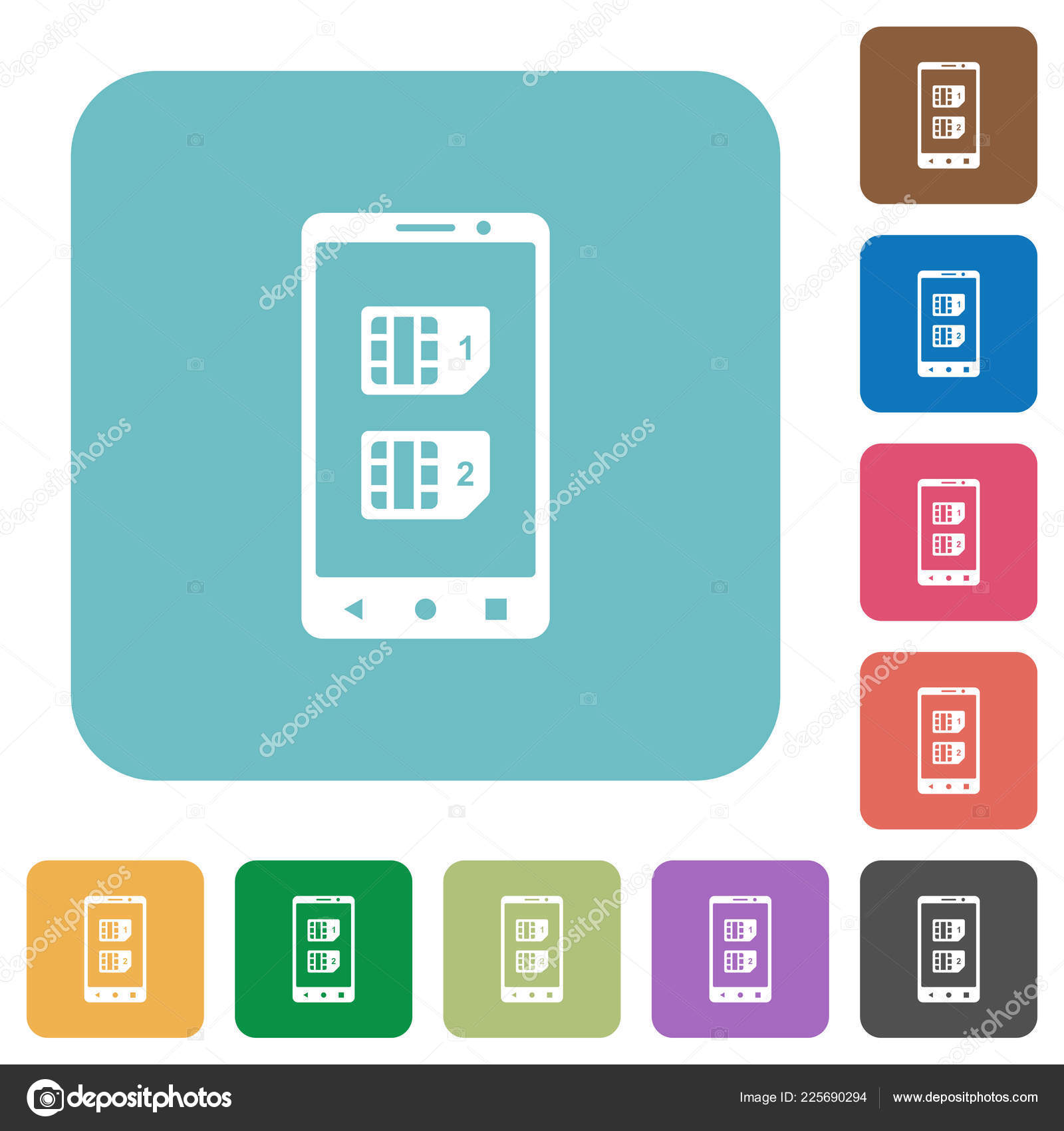 Dual Sim Mobile White Flat Icons Color Rounded Square Backgrounds Stock ...