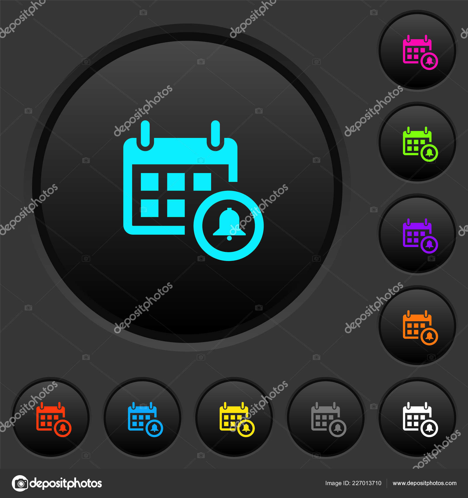 Calendar Alarm Dark Push Buttons Vivid Color Icons Dark Grey Stock Vector Image By