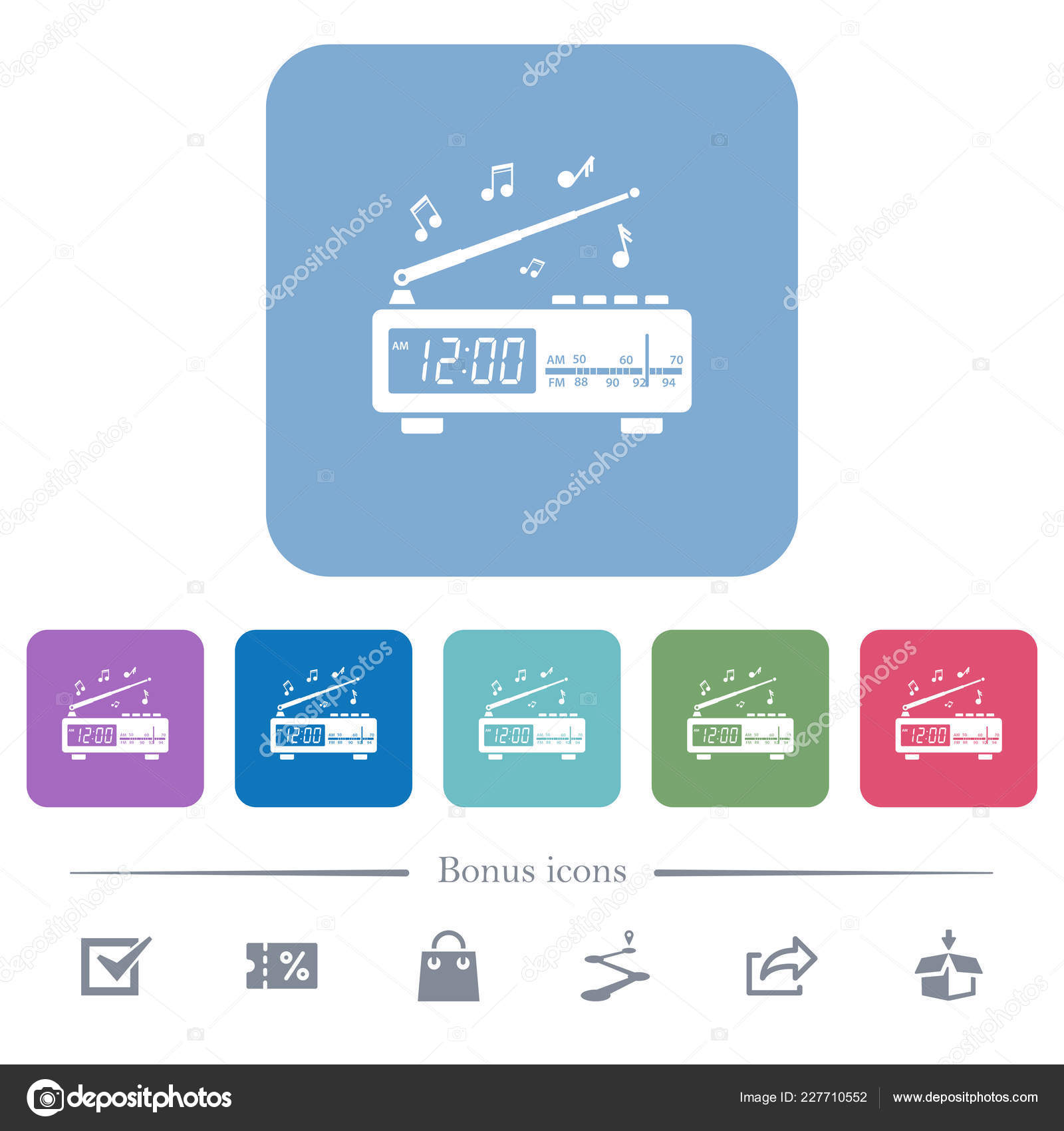 Vintage Radio Clock Music White Flat Icons Color Rounded Square Stock ...