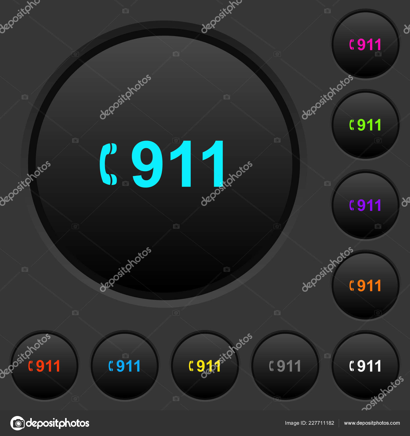 Emergency Call 911 Dark Push Buttons Vivid Color Icons Dark Stock ...