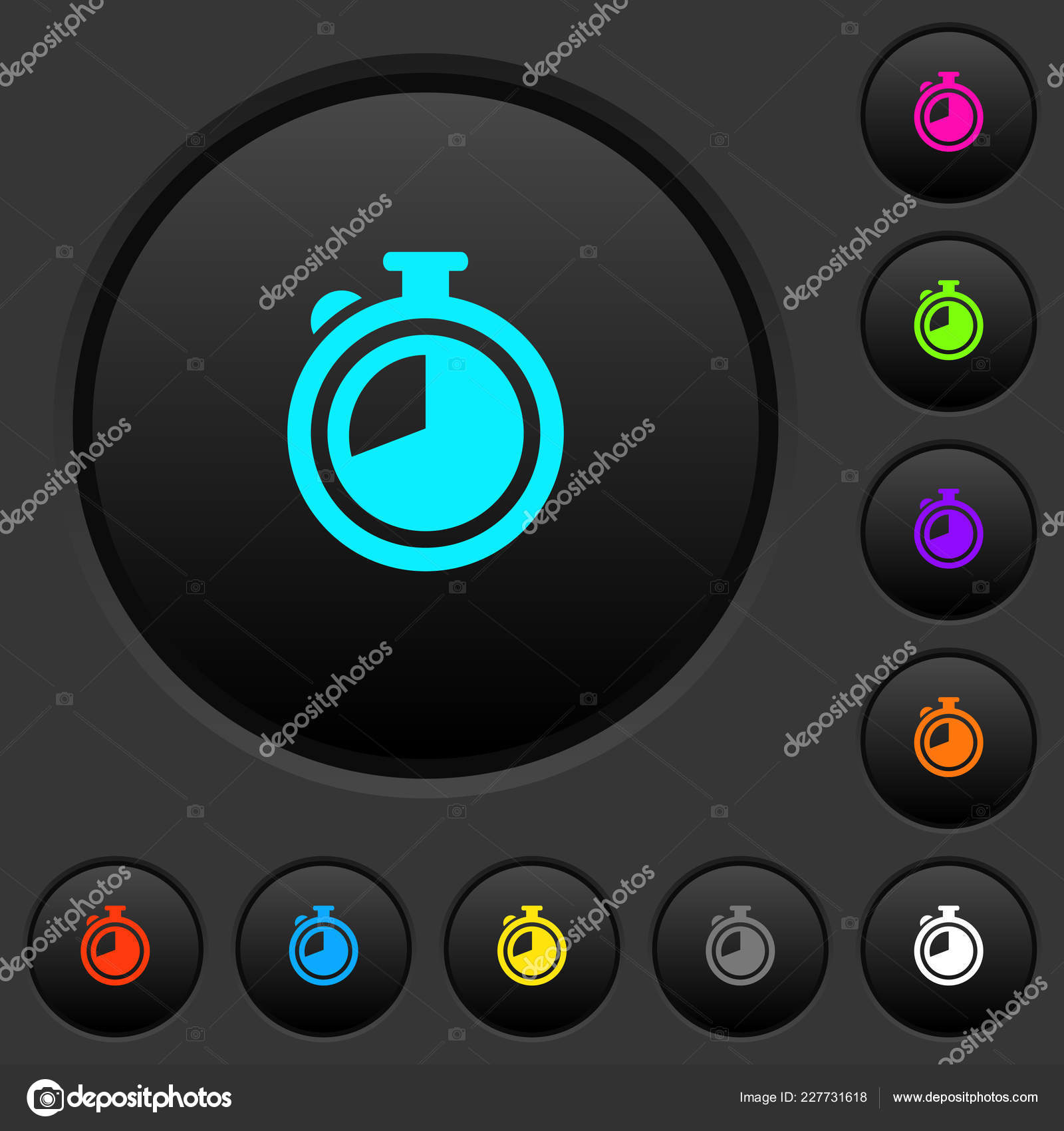Timer Dark Push Buttons Vivid Color Icons Dark Grey Background Stock ...