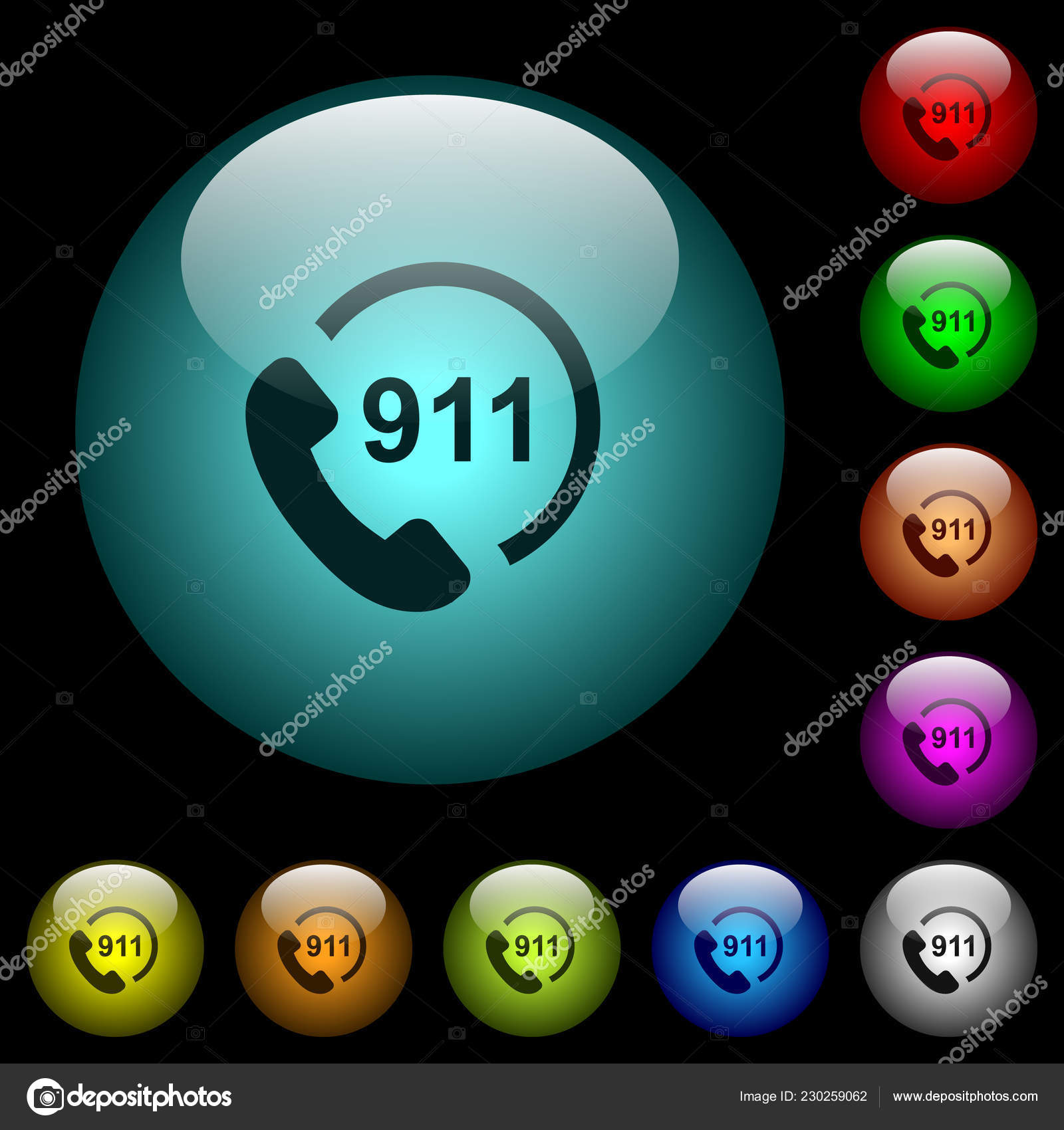 Llamada Emergencia 911 Iconos Color Iluminado Botones Vidrio Esférico ...