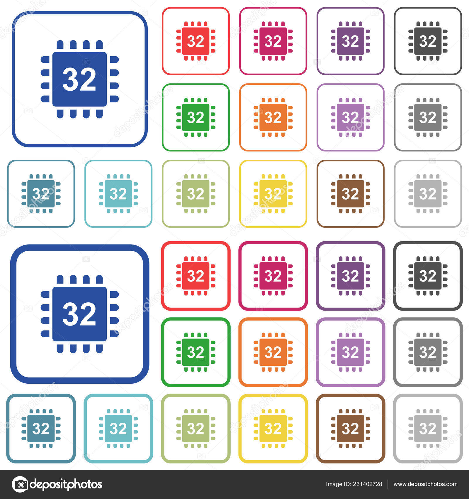 Microprocessor Bit Architecture Color Flat Icons Rounded Square Frames ...
