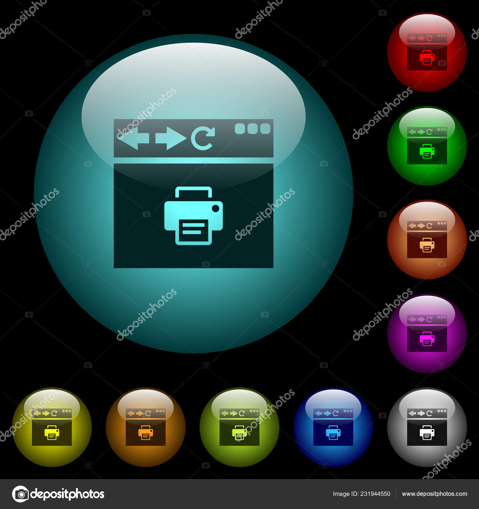 Browser Print Icons Color Illuminated Spherical Glass Buttons Black Background Stock Vector by ...