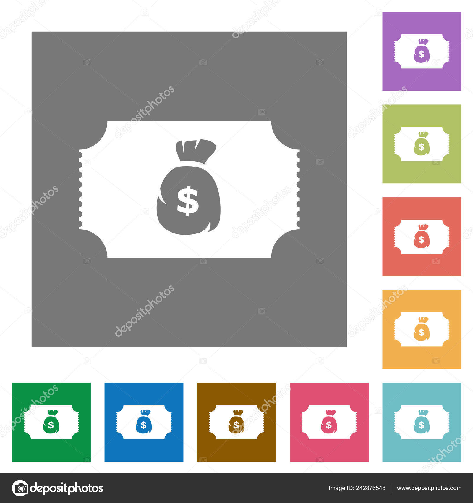 Ticket Dollar Bag Flat Icons Simple Color Square Backgrounds Stock ...