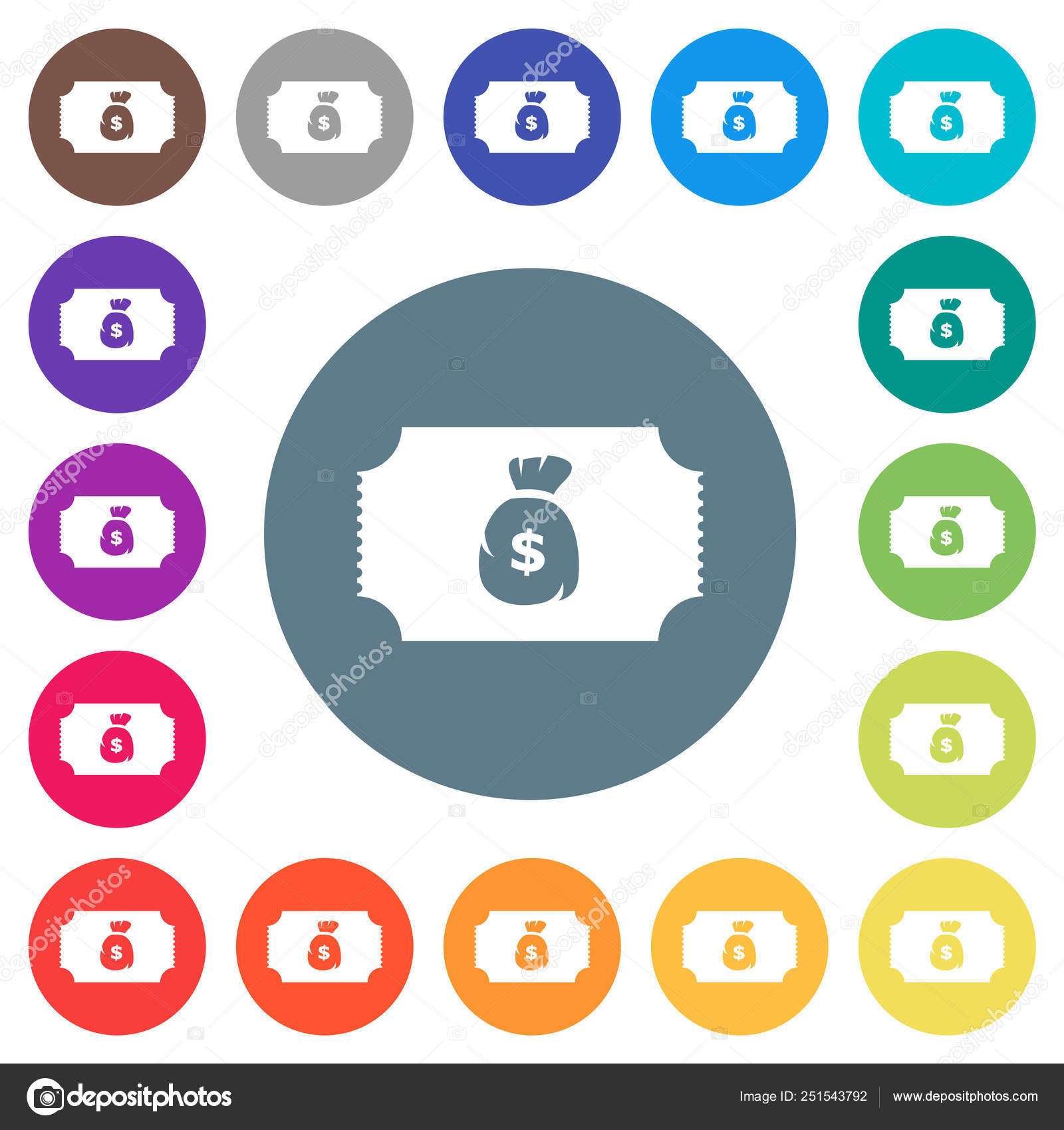 Ticket with dollar bag flat white icons on round color backgrounds ...