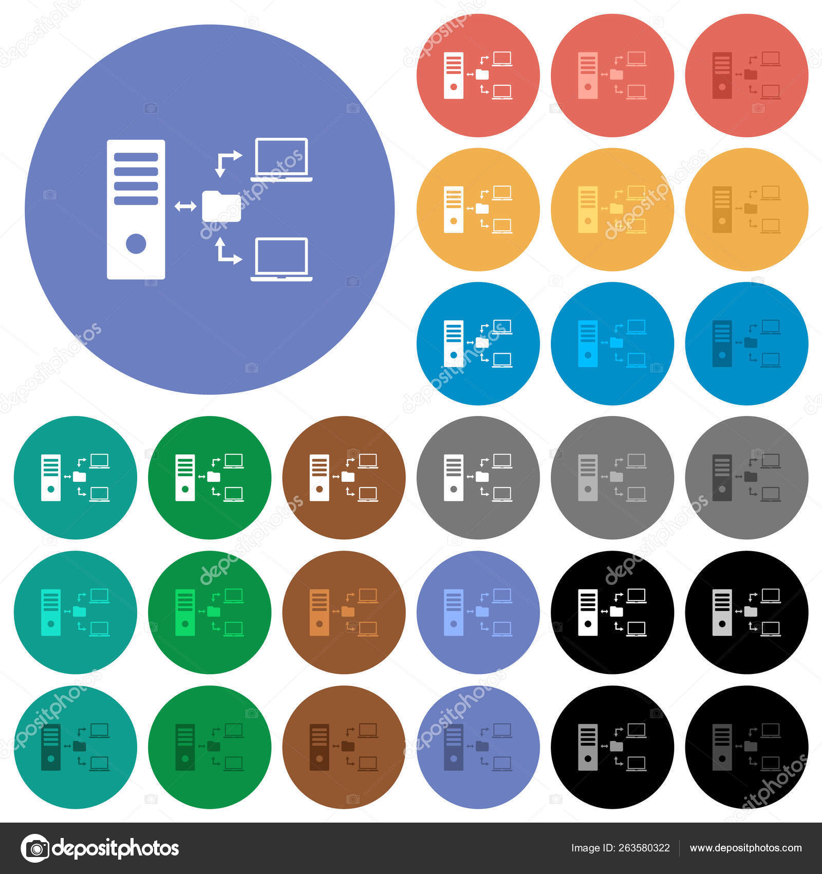 Network file system with server round flat multi colored icons Stock ...