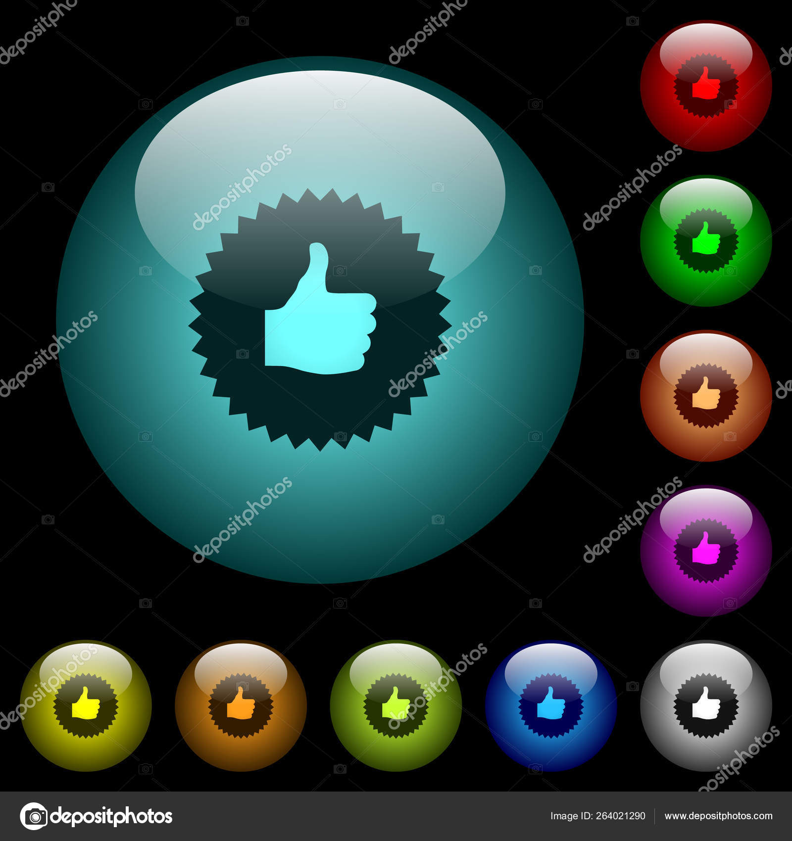 Thumbs up sticker icons in color illuminated glass buttons Stock Vector ...