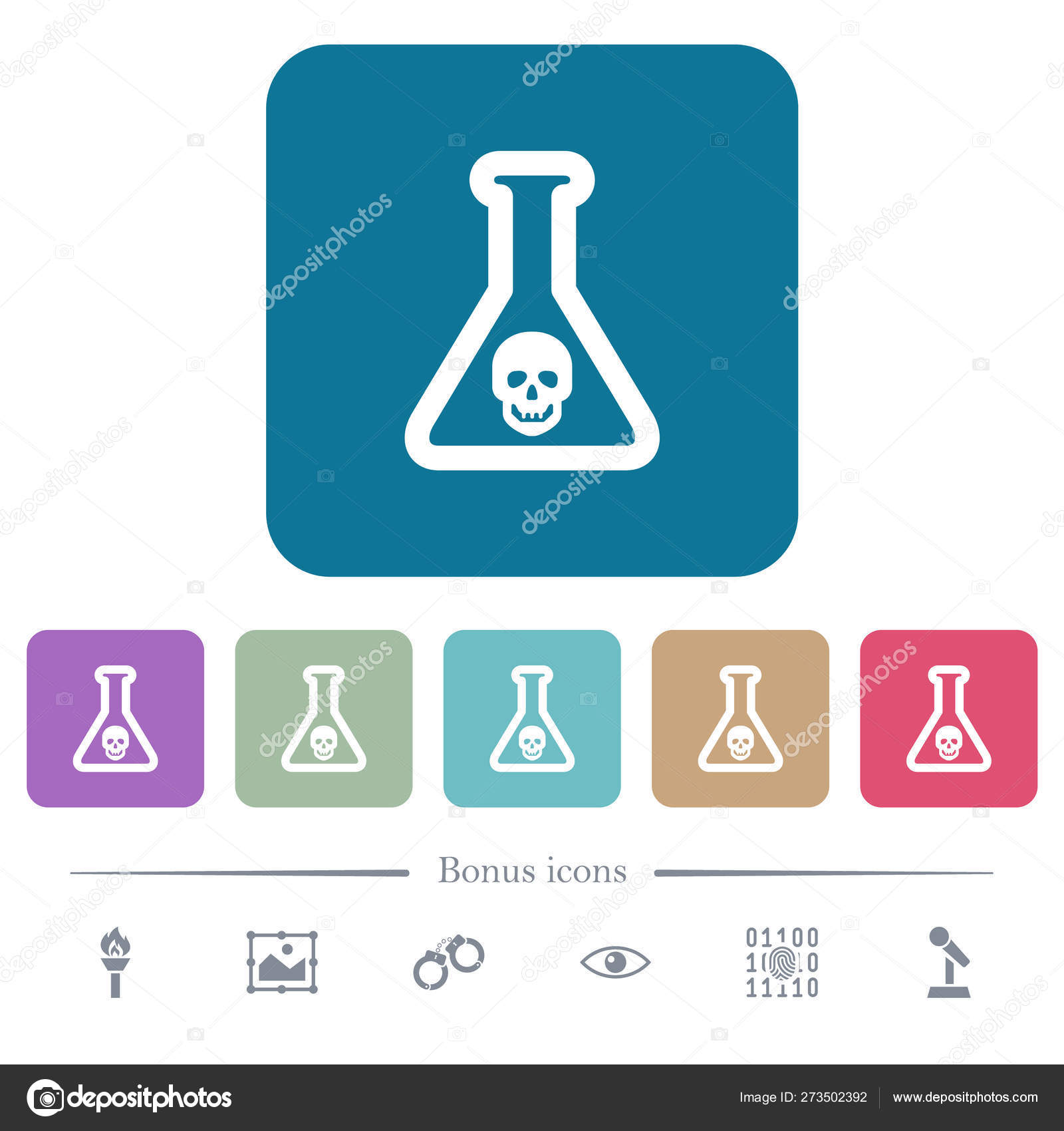 Dangerous chemical experiment flat icons on color rounded square ...
