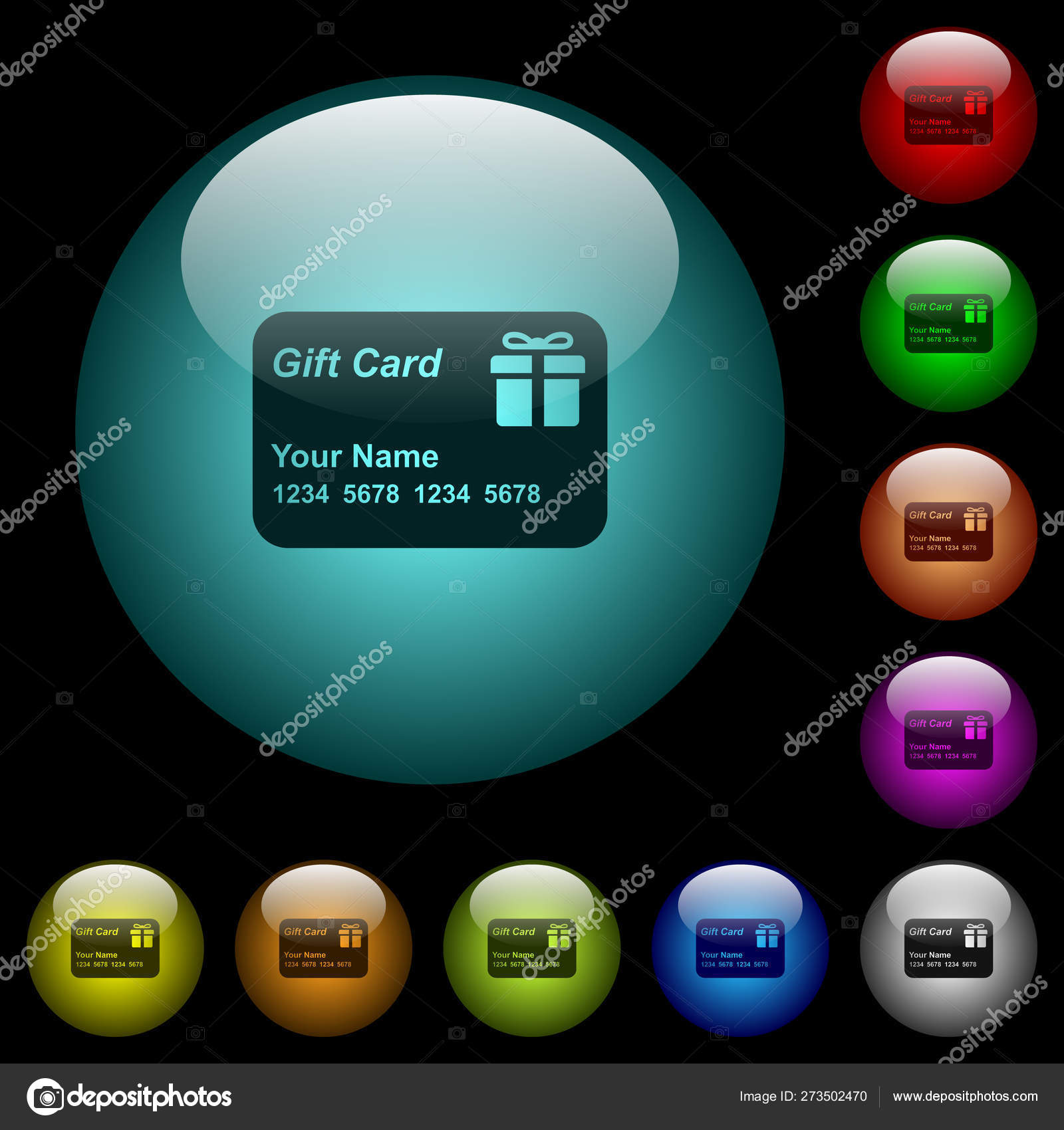 Gift card with name and numbers icons in color illuminated glass ...