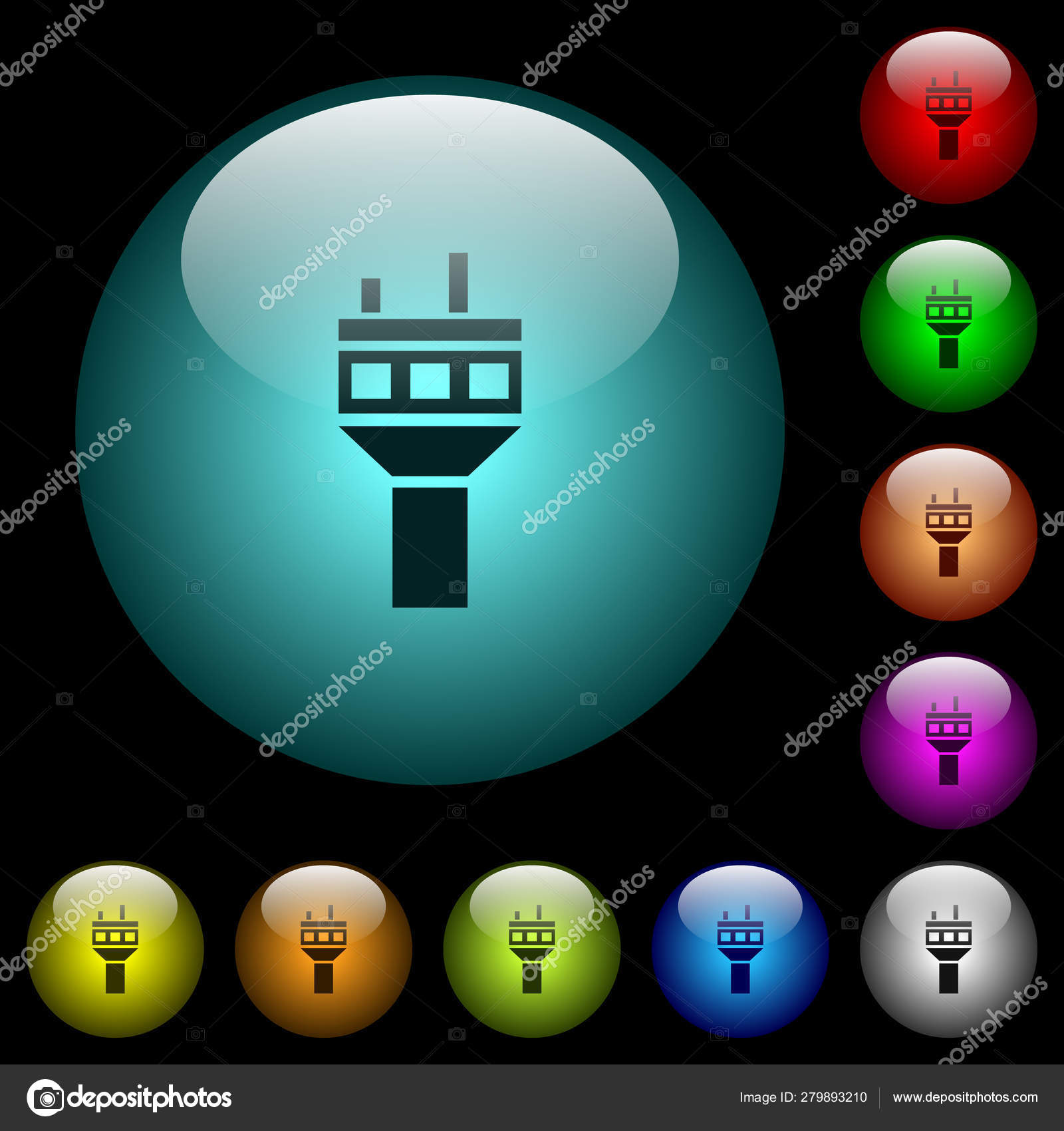 Air control tower icons in color illuminated glass buttons Stock Vector ...