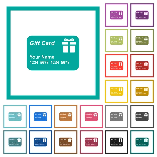 Gift card with name and numbers flat icons on color rounded square ...