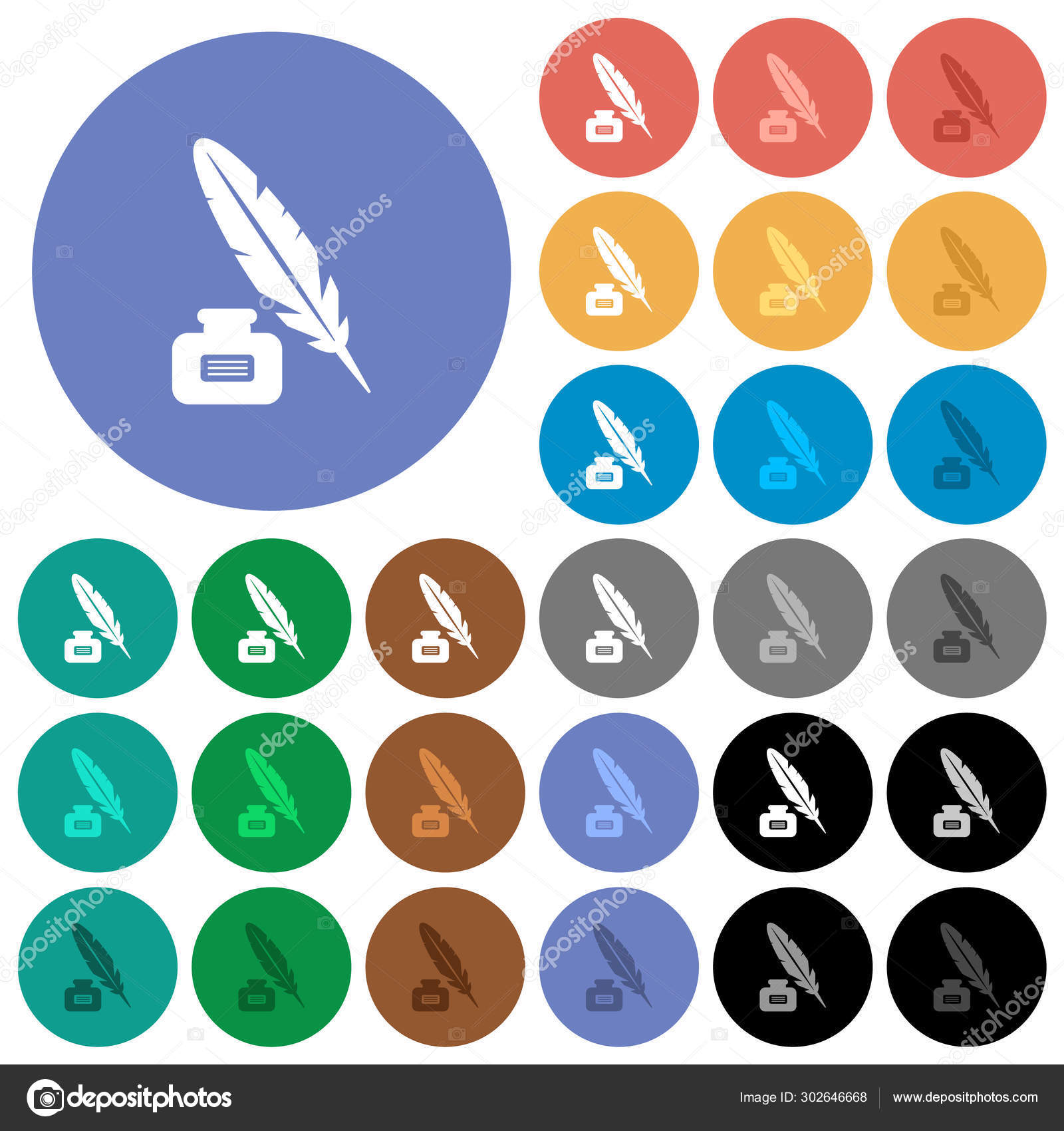 Botella de pluma y tinta con etiqueta redonda plana iconos multicolores ...