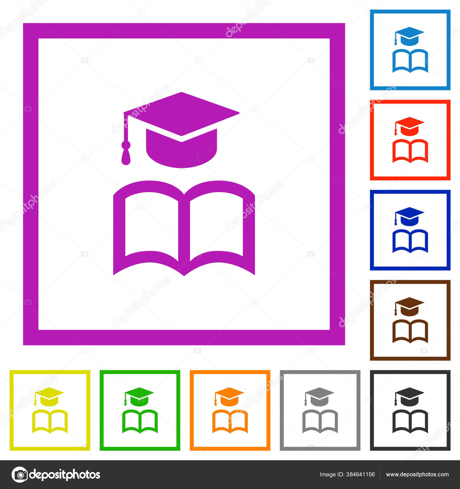 Graduation Cap Book Flat Color Icons Square Frames White Background ...