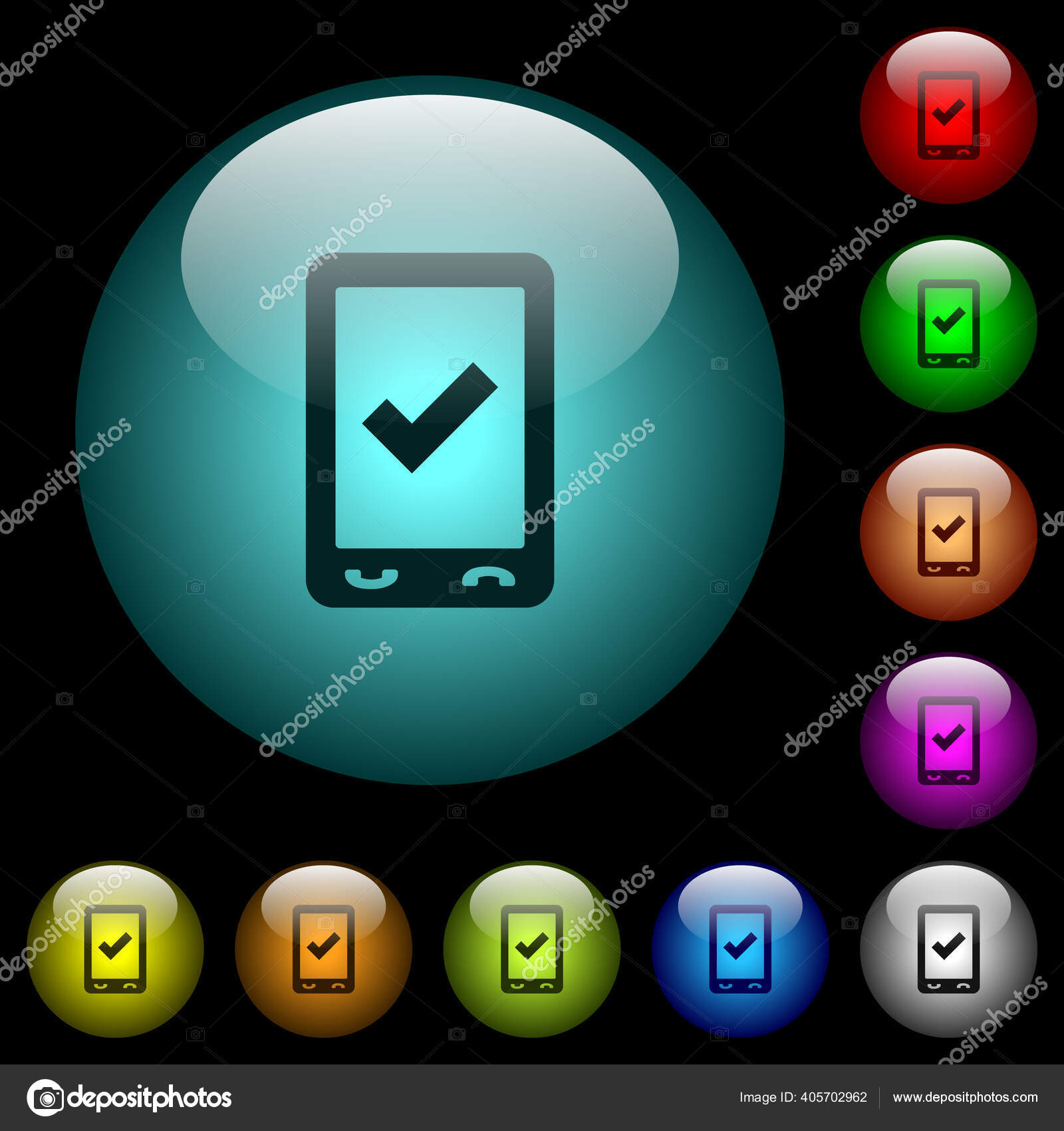 Mobile Icons Color Illuminated Spherical Glass Buttons Black Background Can Stock Vector by ...
