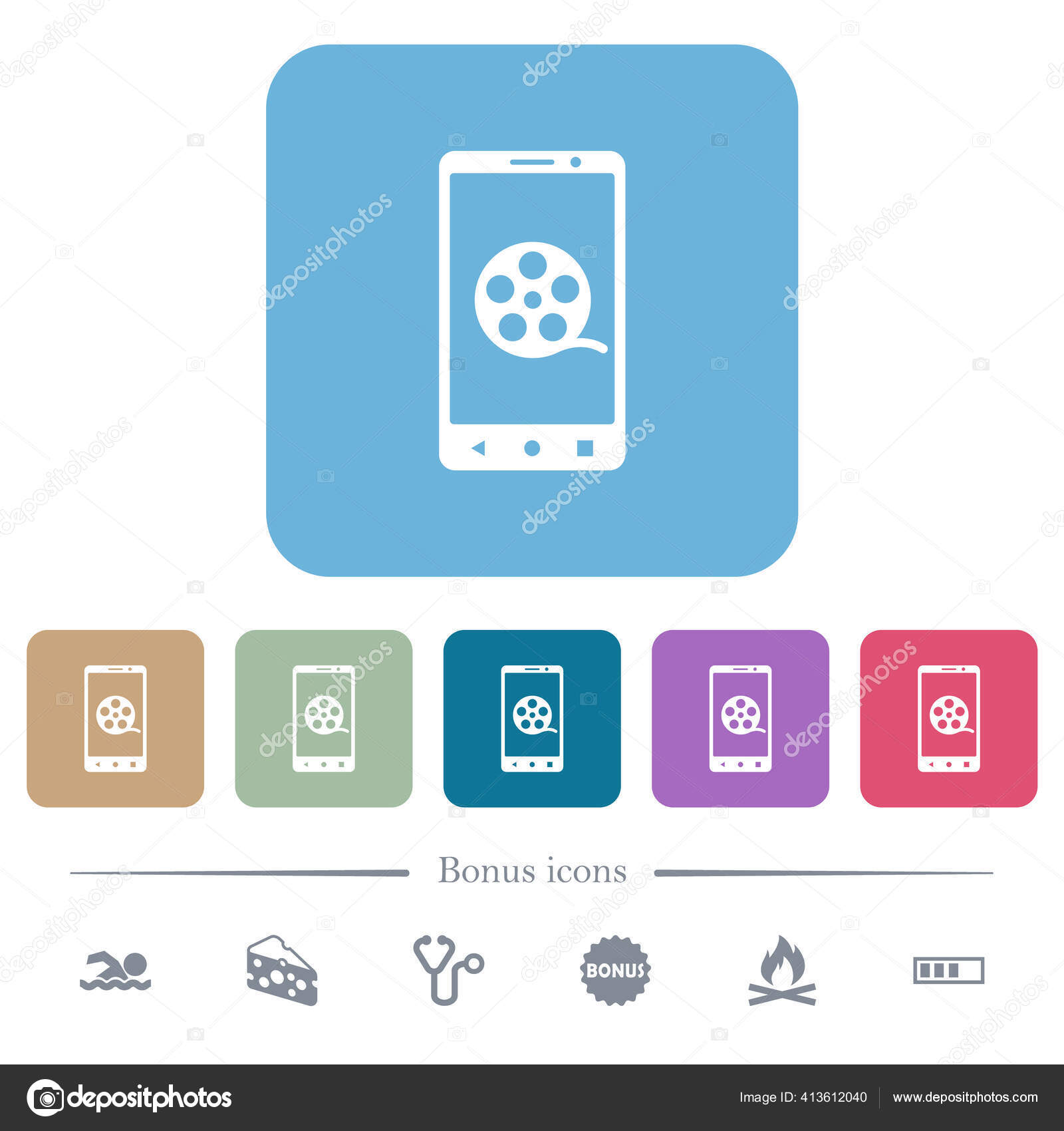 Mobile Movie White Flat Icons Color Rounded Square Backgrounds Bonus ...